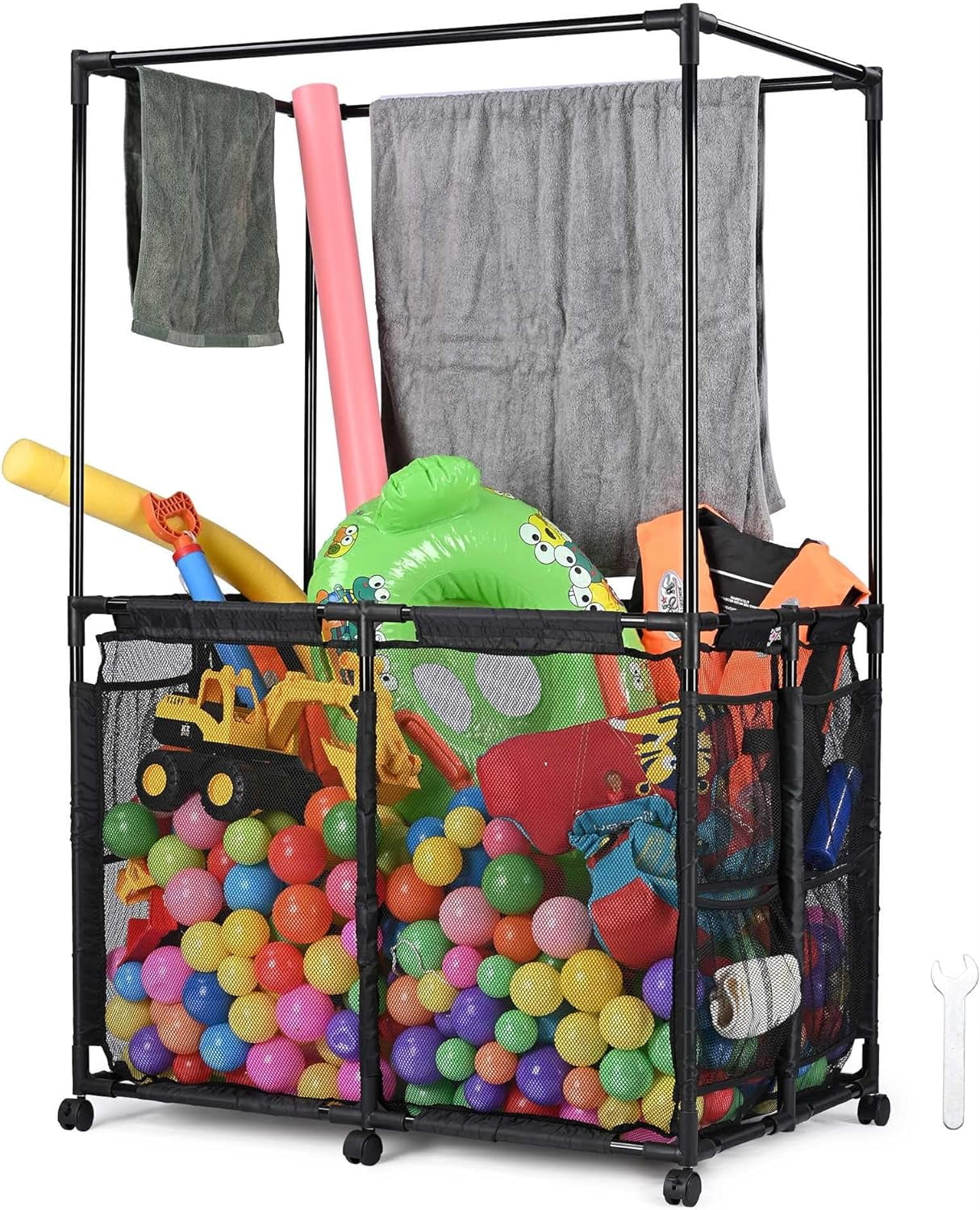Yescom Metal Frame 6 Wheels Rolling Double Decker Mesh Pool Storage Bin ...