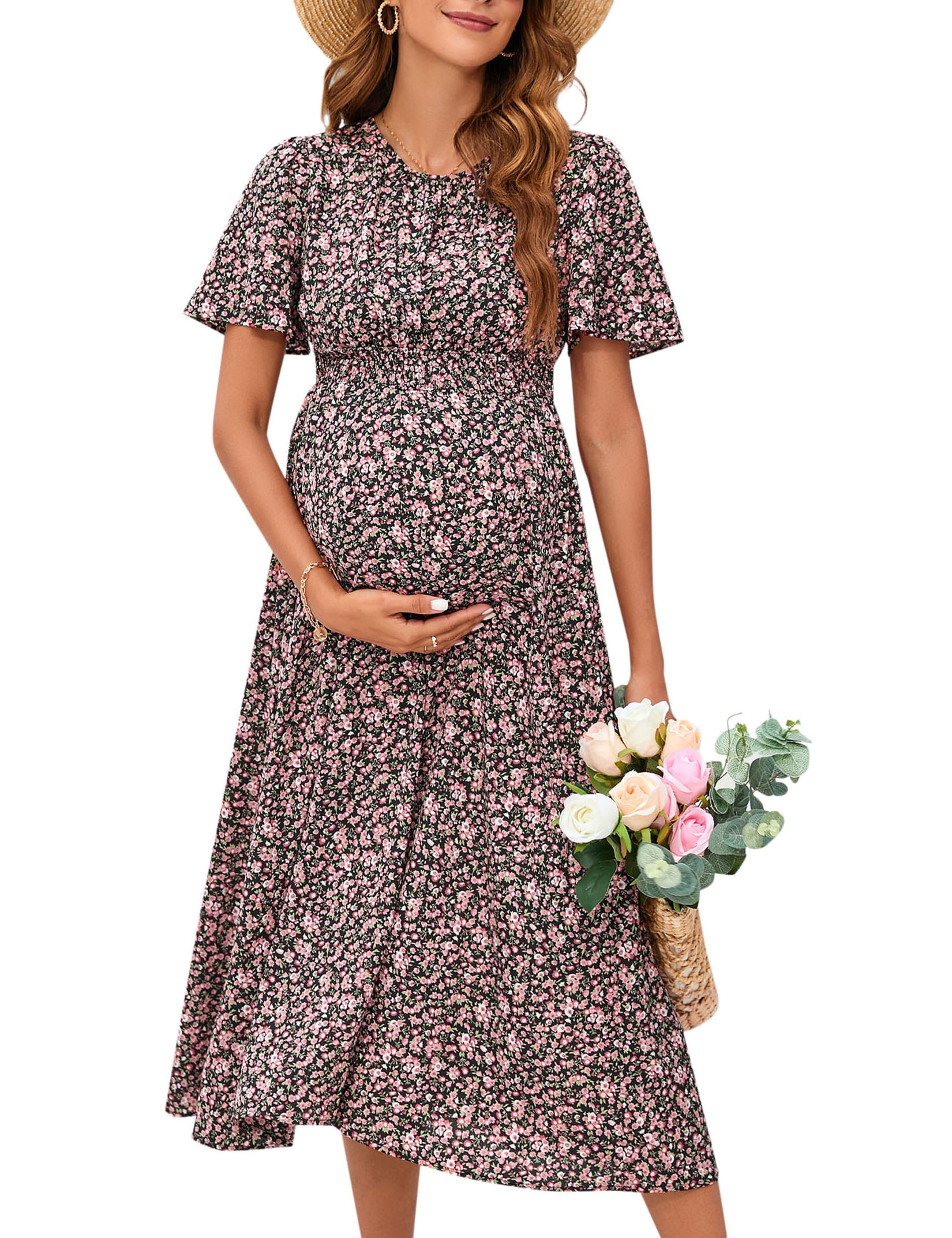 Yesfashion 2025 Maternity Dress Summer Women Smocked Crew Neck Puff ...