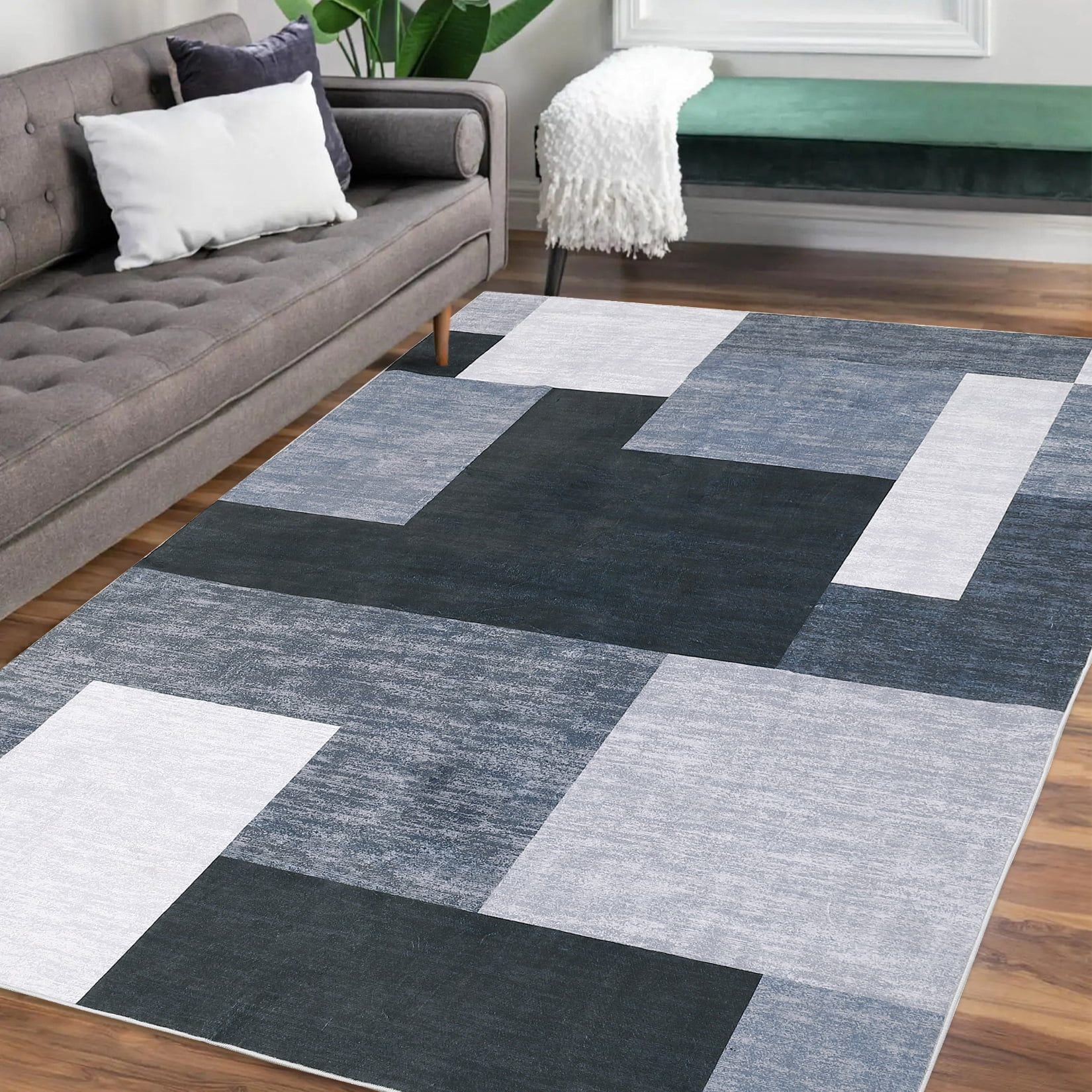 Yesfashion 4' x 6' Gray Geometric Area Rug Machine Washable Rug ...