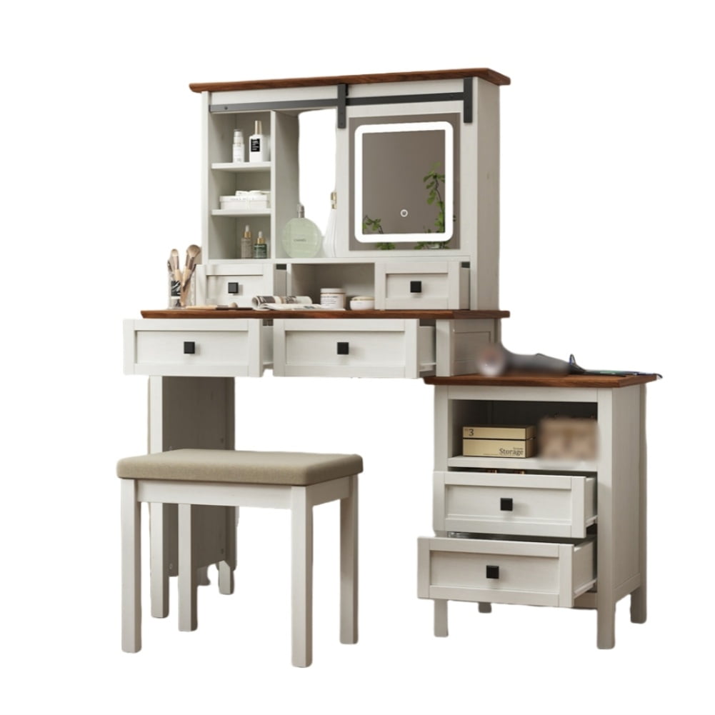 Yesfashion 46.5" Farmhouse Makeup Vanity Desk With Adjustable LED ...