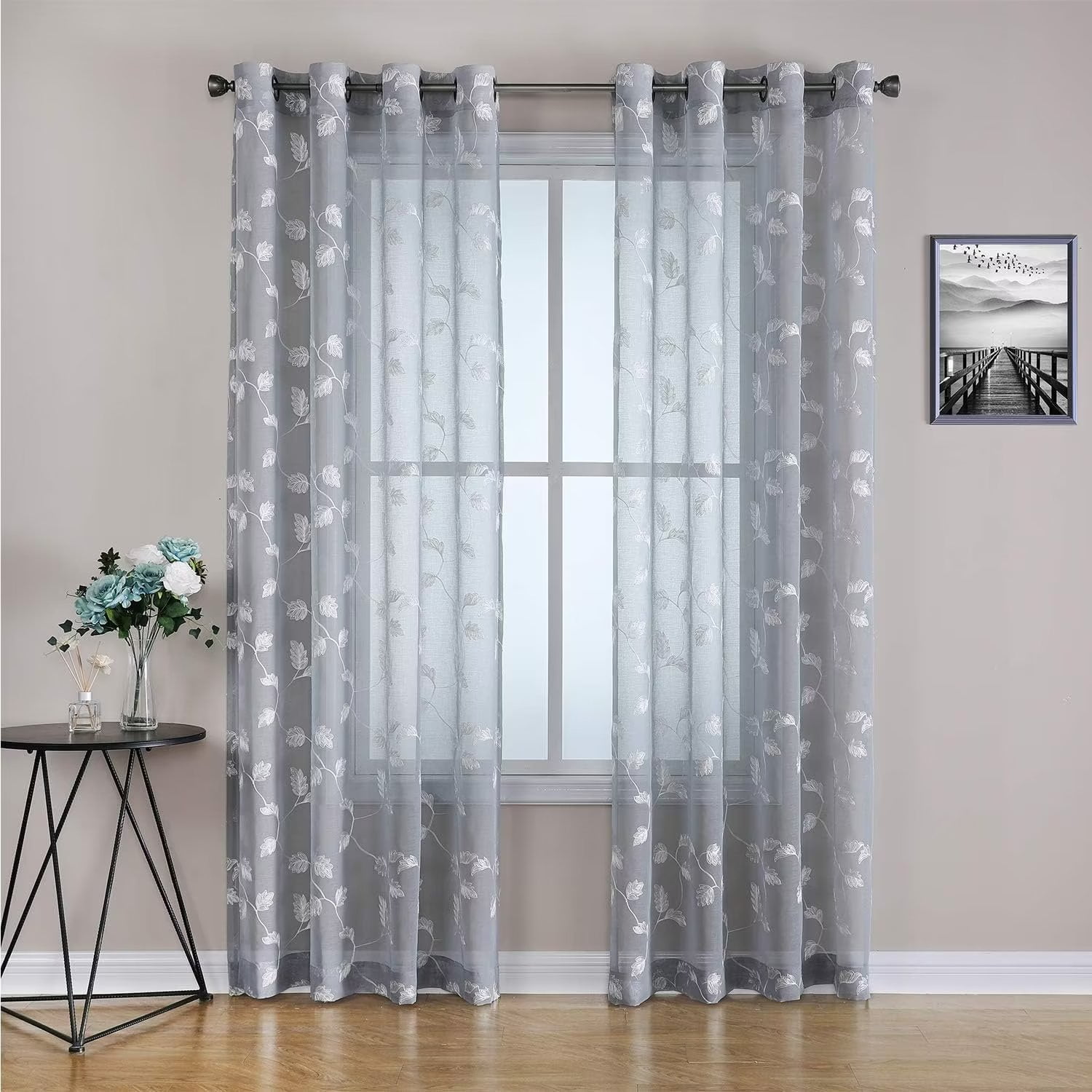 Yesfashion 52"W x 54"L Leaves Embroidery Sheer Curtains for Living Room ...