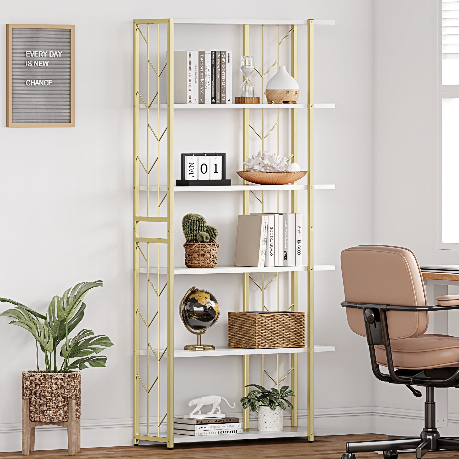 Yesfashion 6 Tiers Gold Bookshelf, Modern Bookshelf, Book Rack, Storage ...
