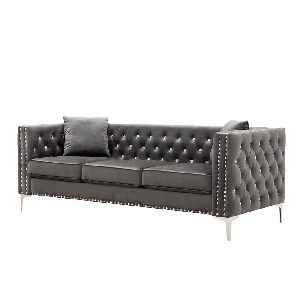 Yesfashion 82.3" Width Modern Velvet Sofa, Mid-Century Upholstered Sofa, with Jeweled Buttons ...
