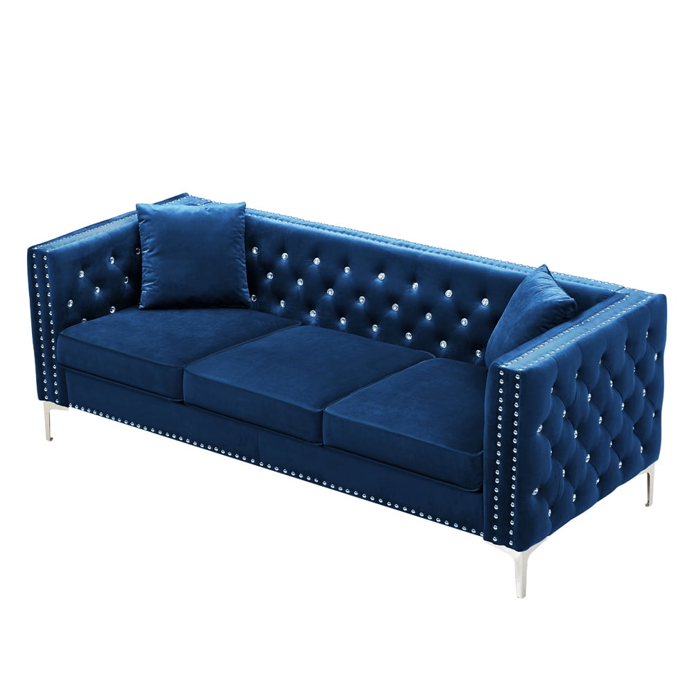 Yesfashion 82.3" Width Modern Velvet Sofa, Mid-Century Upholstered Sofa, with Jeweled Buttons ...