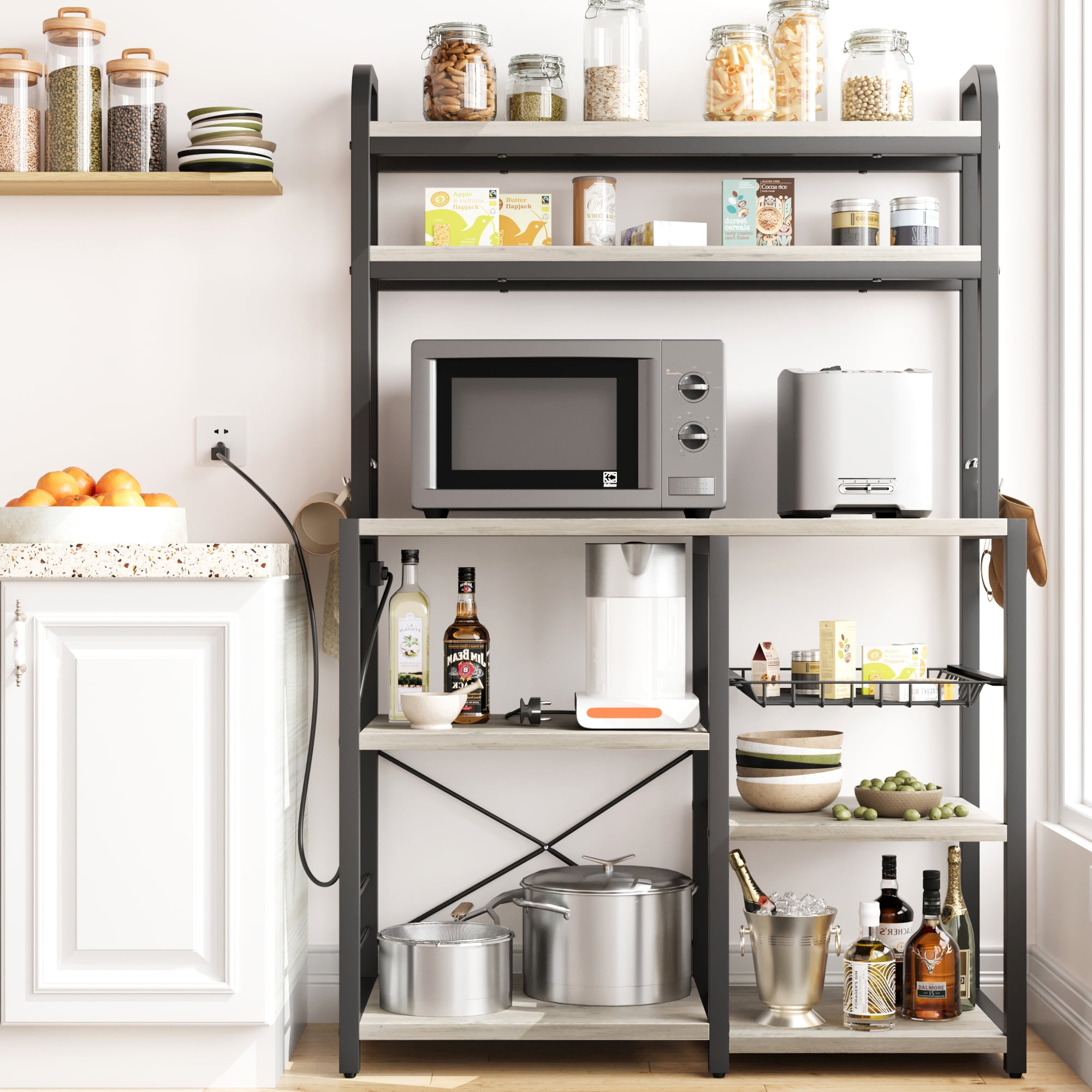 Yesfashion Bakers Rack with Power Outlet, Coffee Bar with Wire Drawer ...