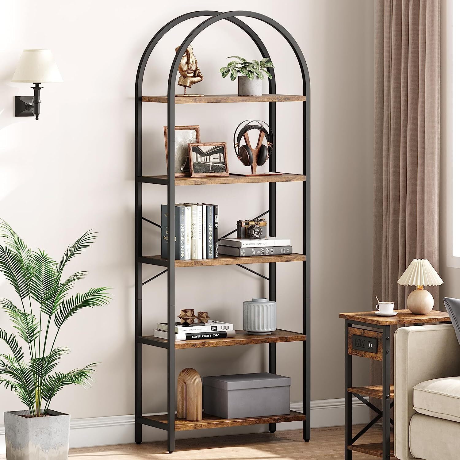 Yesfashion 5-Tier Open Wood & Metal Bookshelf, Arched Display Unit ...