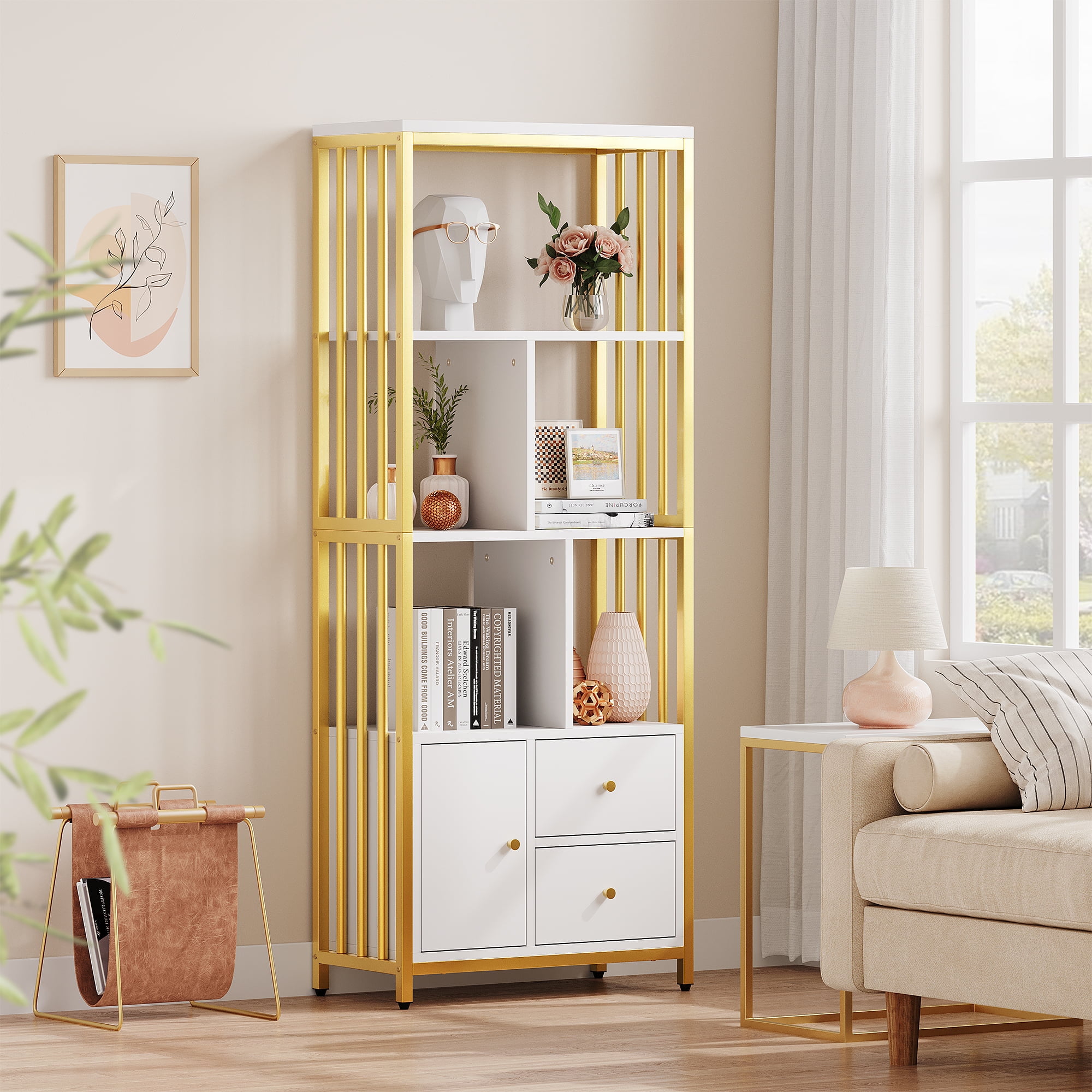 Yesfashion Bookshelf 5 Tiers Gold Bookcase with Drawers, Modern Tall ...