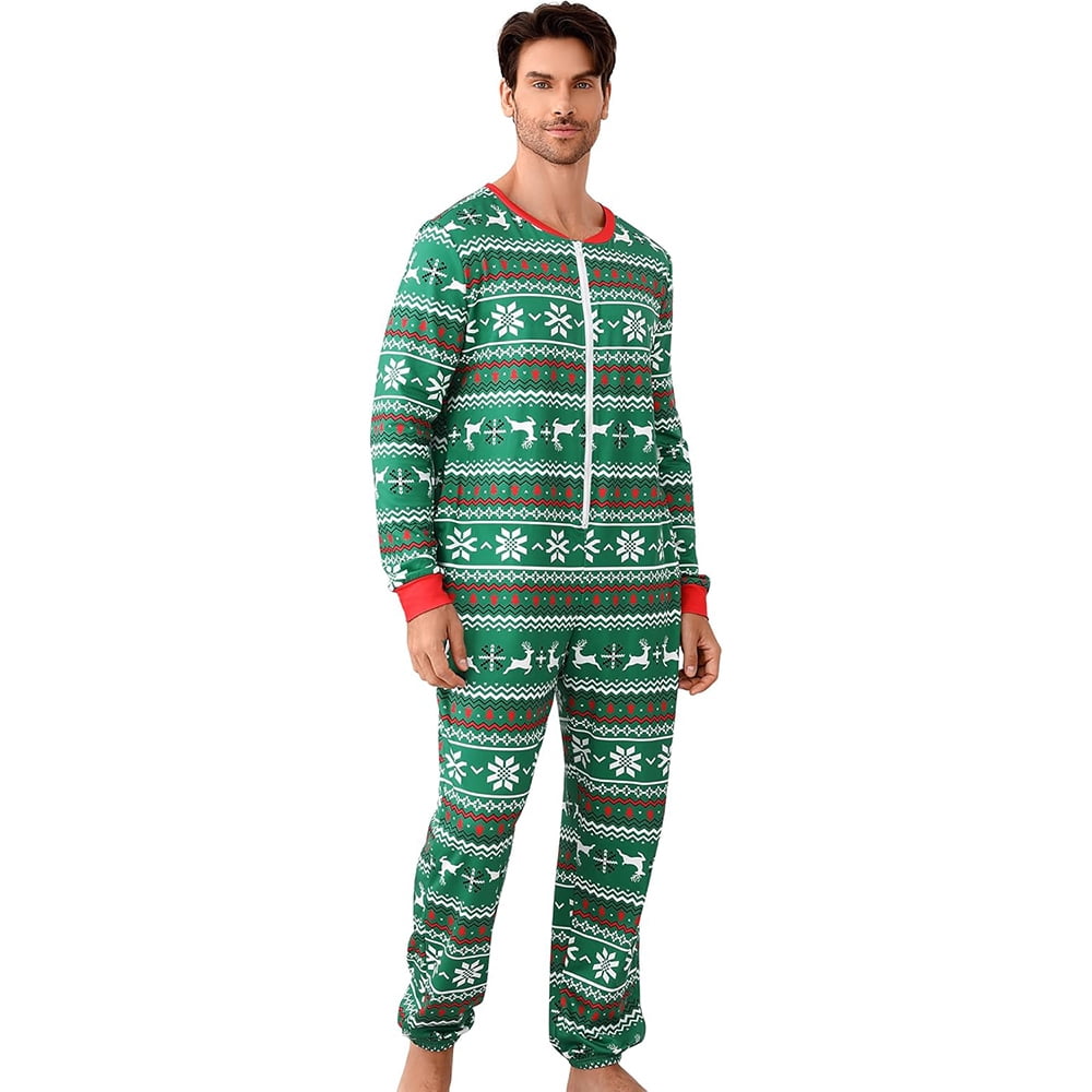 Yesfashion Christmas Pajamas for Men Front Zipper Round Neck Jumpsuit ...