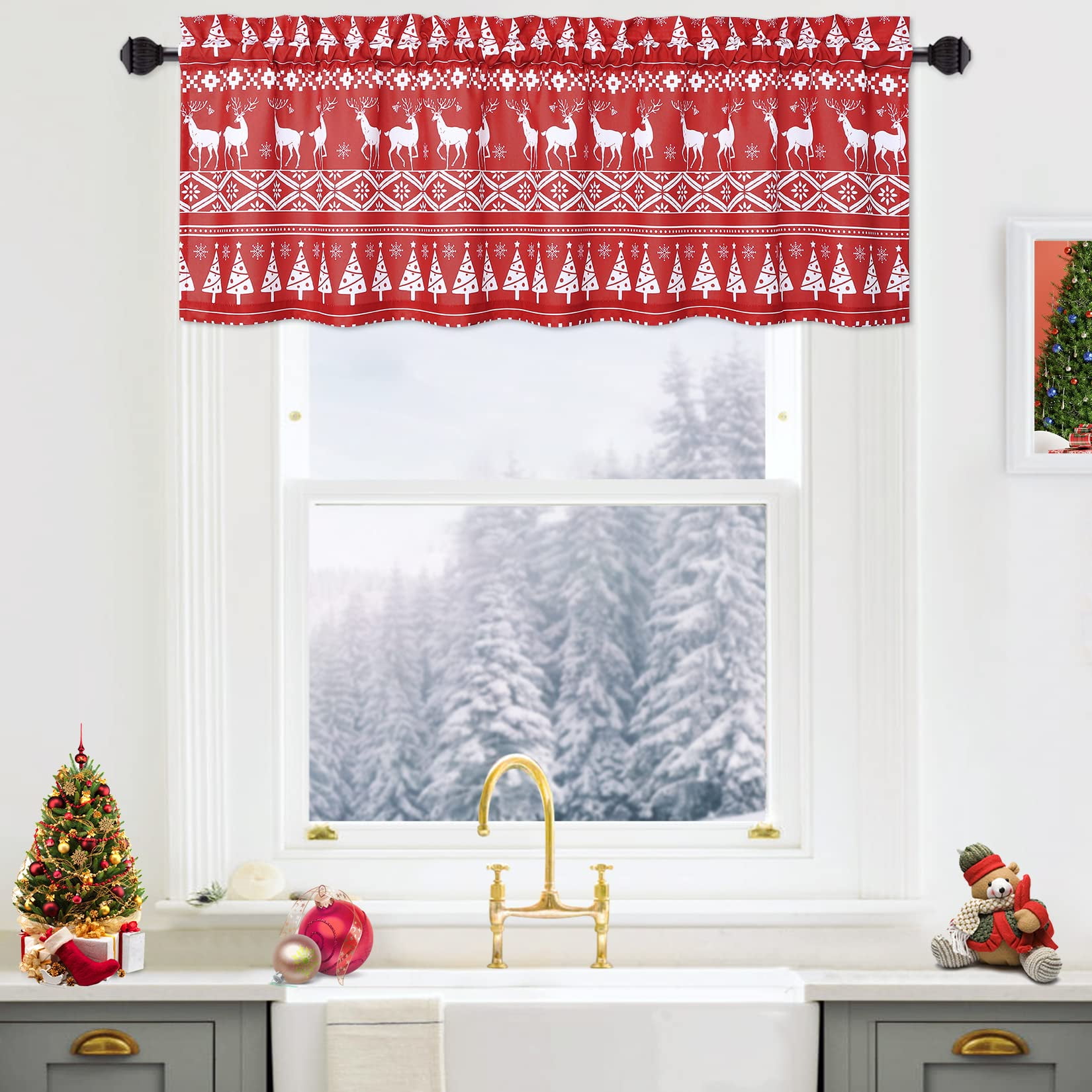 Yesfashion Christmas Valance Curtain, Boho Style Tree and Deer Valance ...