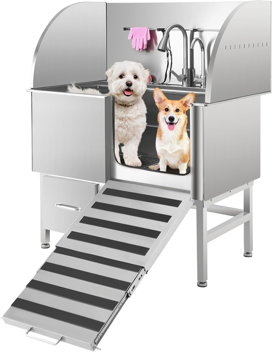 Yesfashion Dog Grooming Tub, Stainless Steel Dog Wash Station with ...