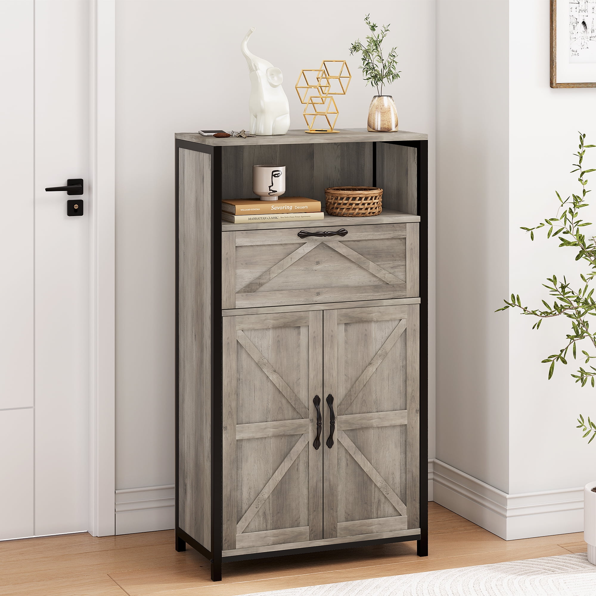 Yesfashion Farmhouse Storage Cabinet with Barn Door and Drawer Wood ...