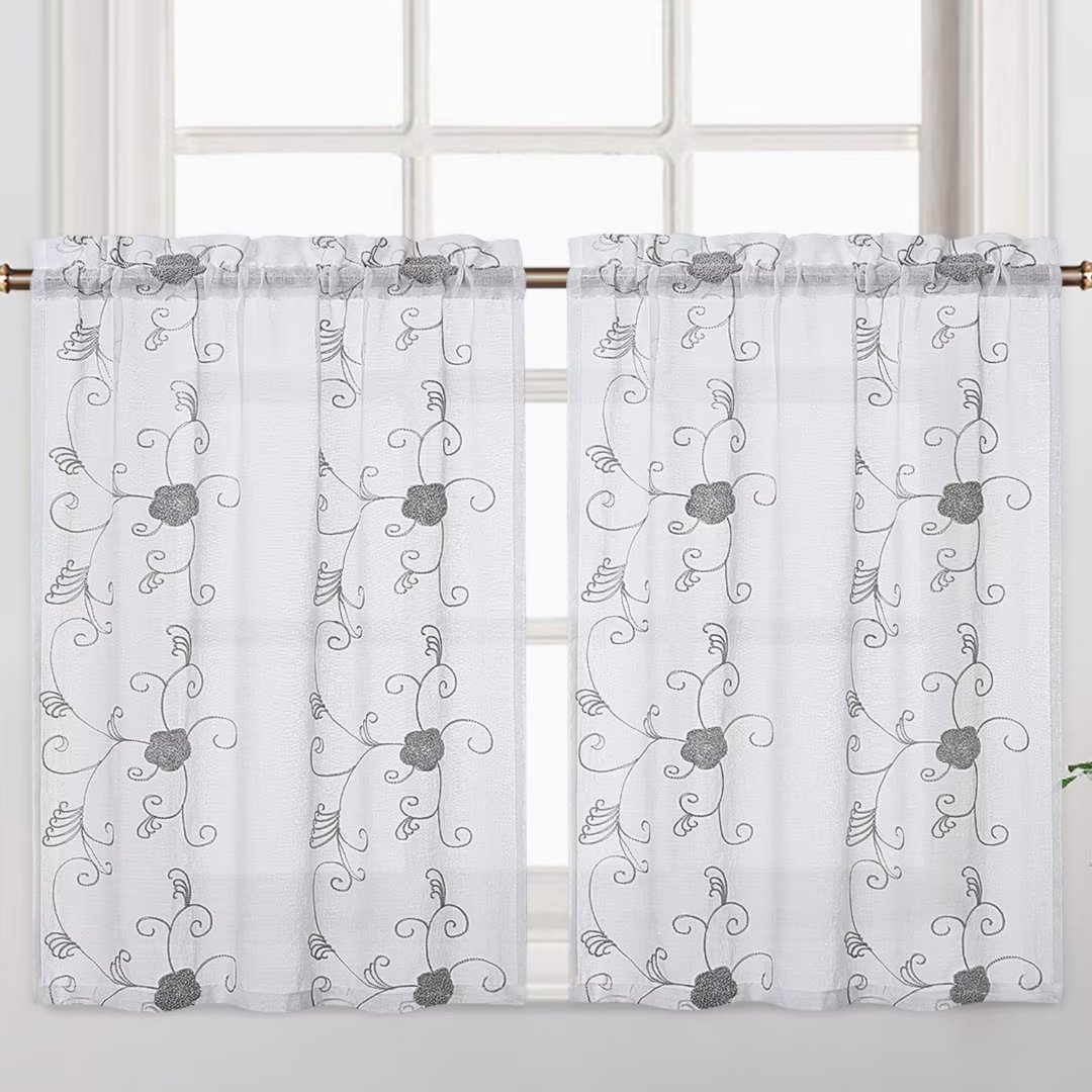 Yesfashion Floral Embroidered Sheer Short Curtain for Small Window with ...