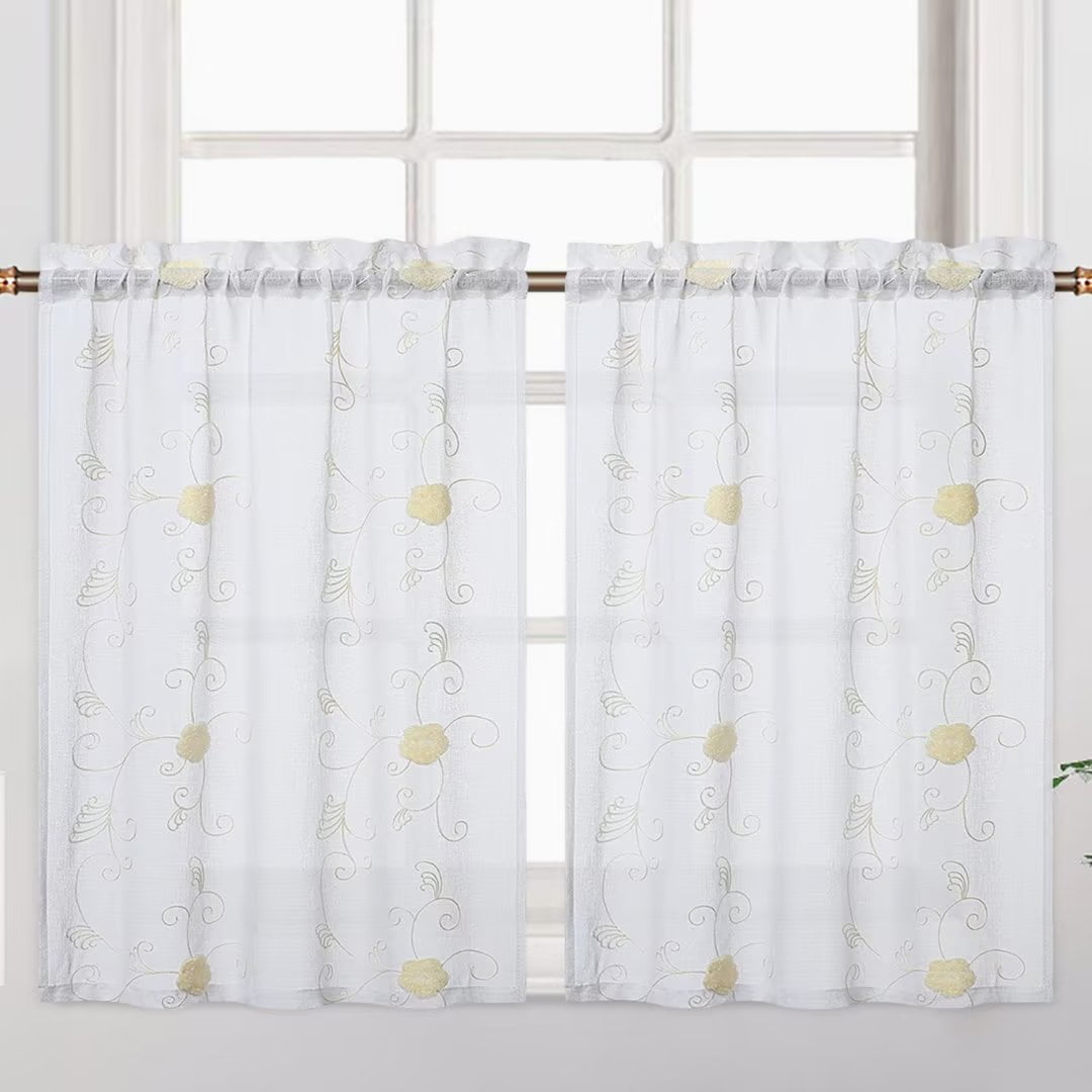 Yesfashion Floral Embroidered Sheer Short Curtain for Small Window with ...