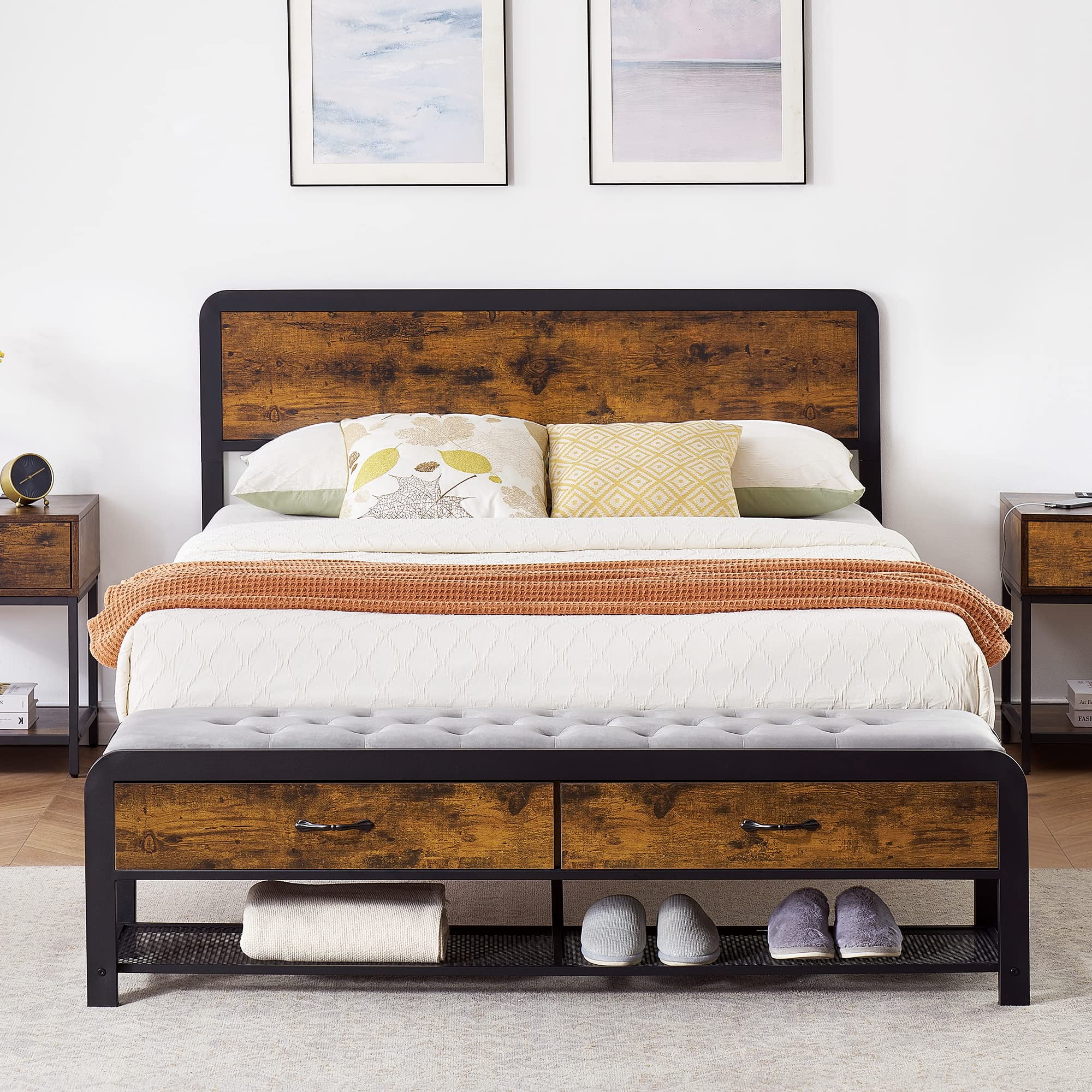 Yesfashion Full Platform Bed Frame with Headboard and Storage Ottoman ...