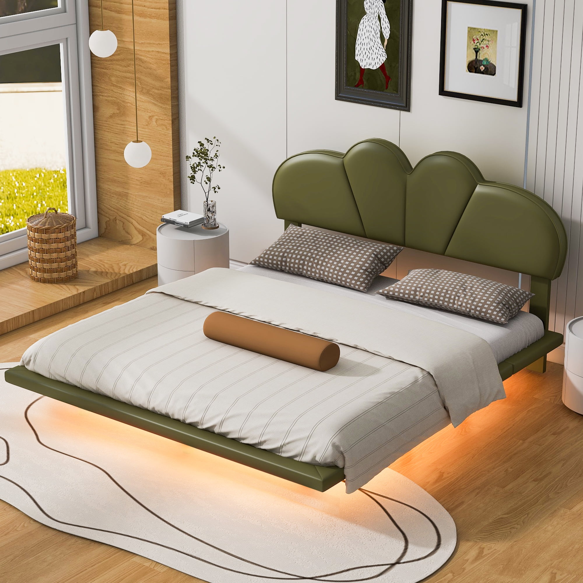 Yesfashion Full Size LED Floating Bed, Solid Wood Full Upholstery Bed ...