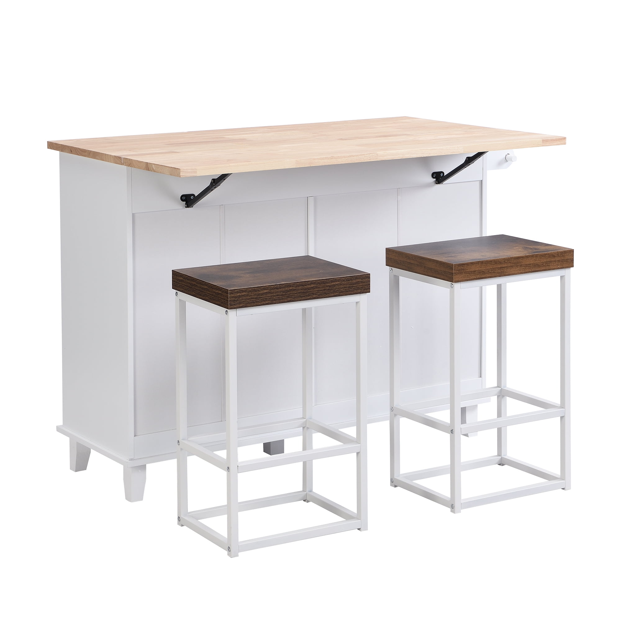 Yesfashion Kitchen Island Set With 2 Stools Adjustable Shelf Spacious ...