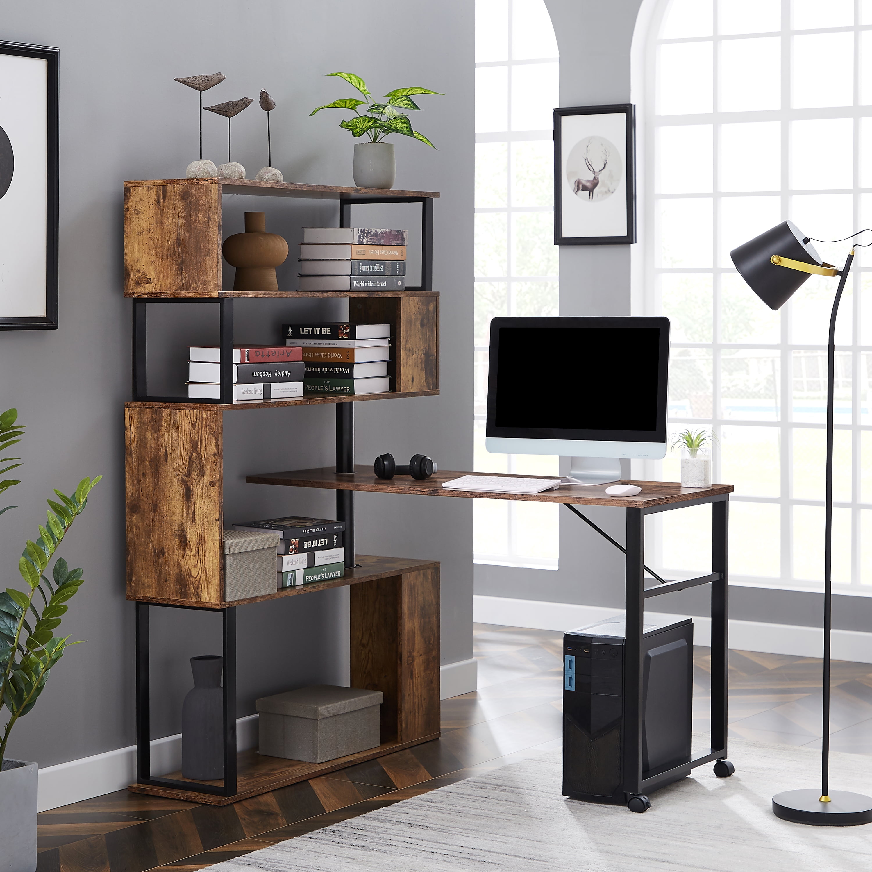 Yesfashion L-Shaped Computer Desk With 5-Tier Bookshelf Lockable ...