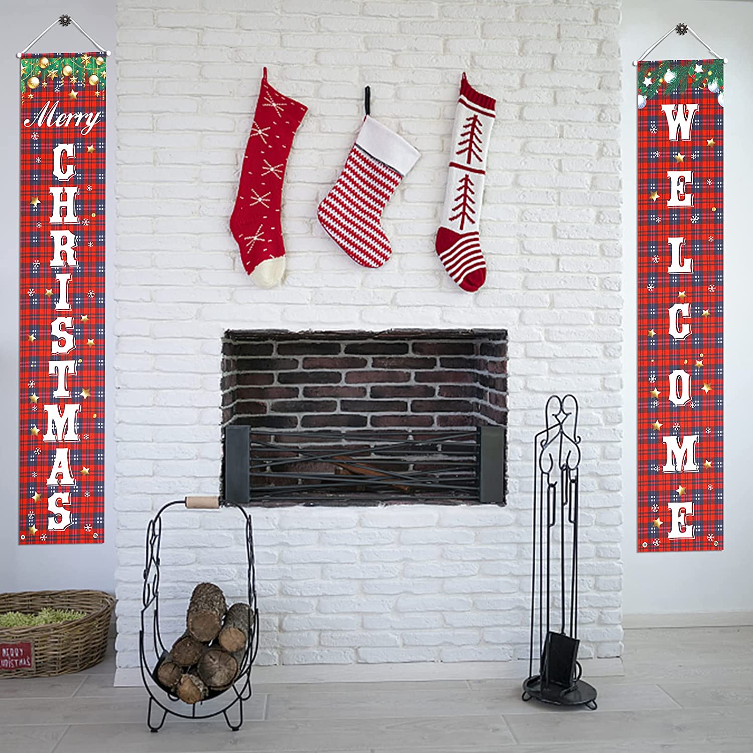 Yesfashion Merry Christmas Banner Front Porch Sign, Buffalo Plaid ...