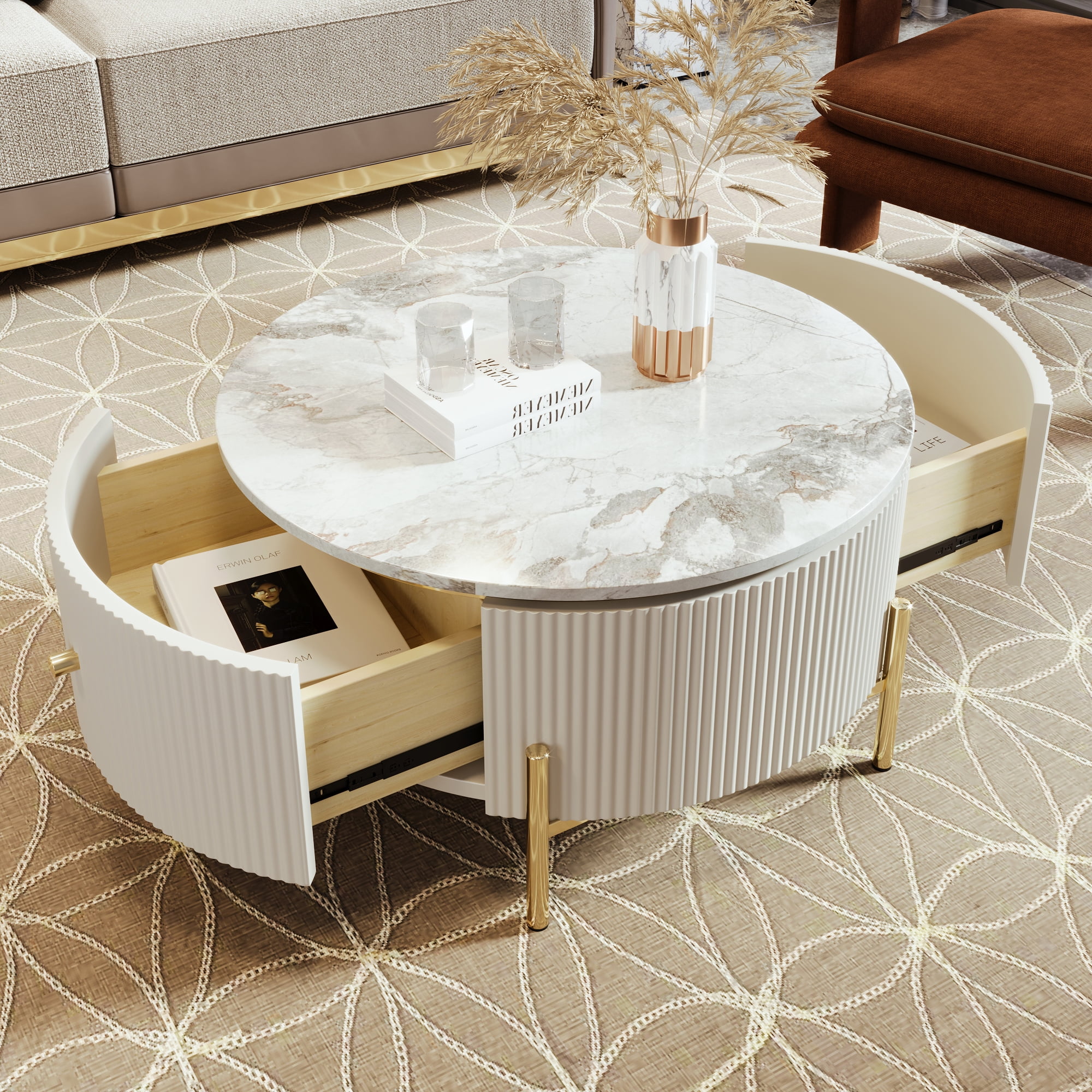 Yesfashion Modern Round Coffee Table with 2 Drawers 4 Legs Marble ...