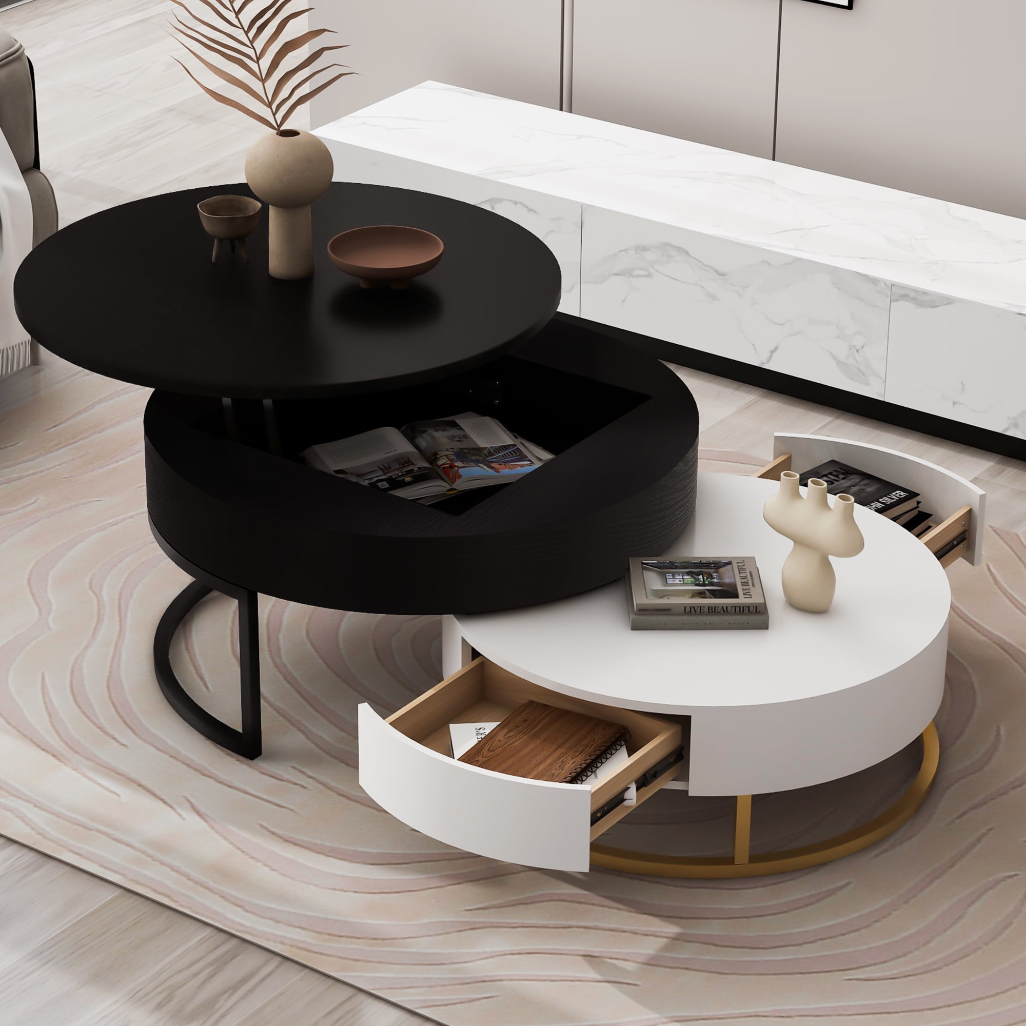 Yesfashion Modern Round Nesting Coffee Tables Lift-top Flexibility ...