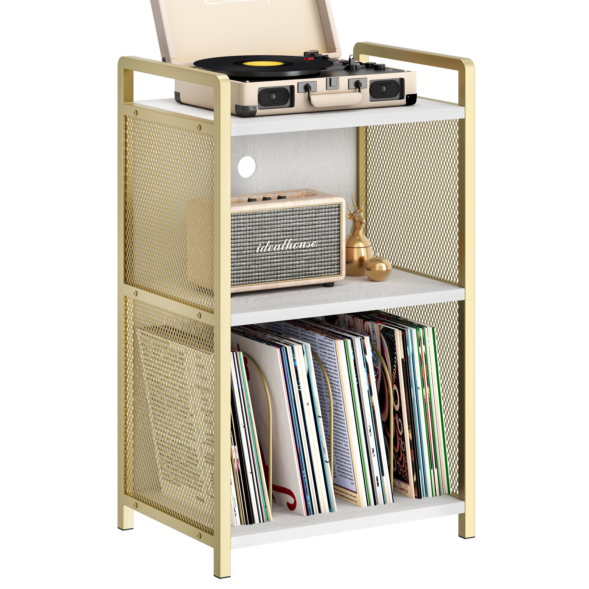 Yesfashion Record Player Stand with Storage,Gold Wooden Turntable Stand ...