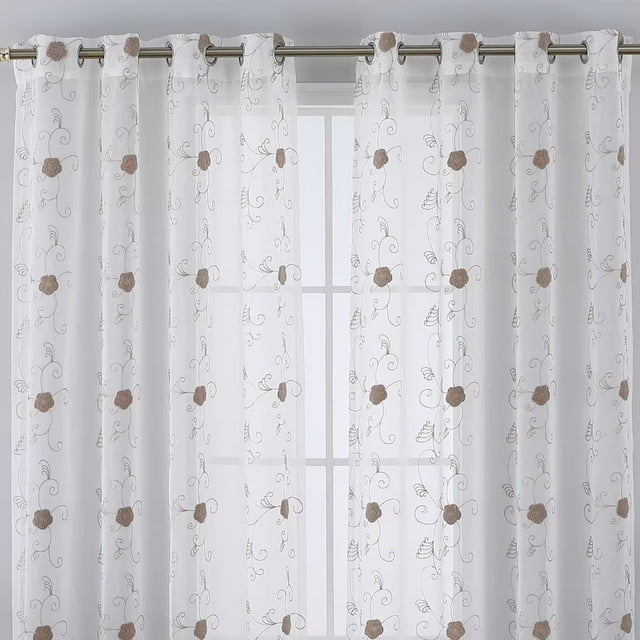 Yesfashion Sheer Curtains Floral Embroidered Window Curtain Grommet ...