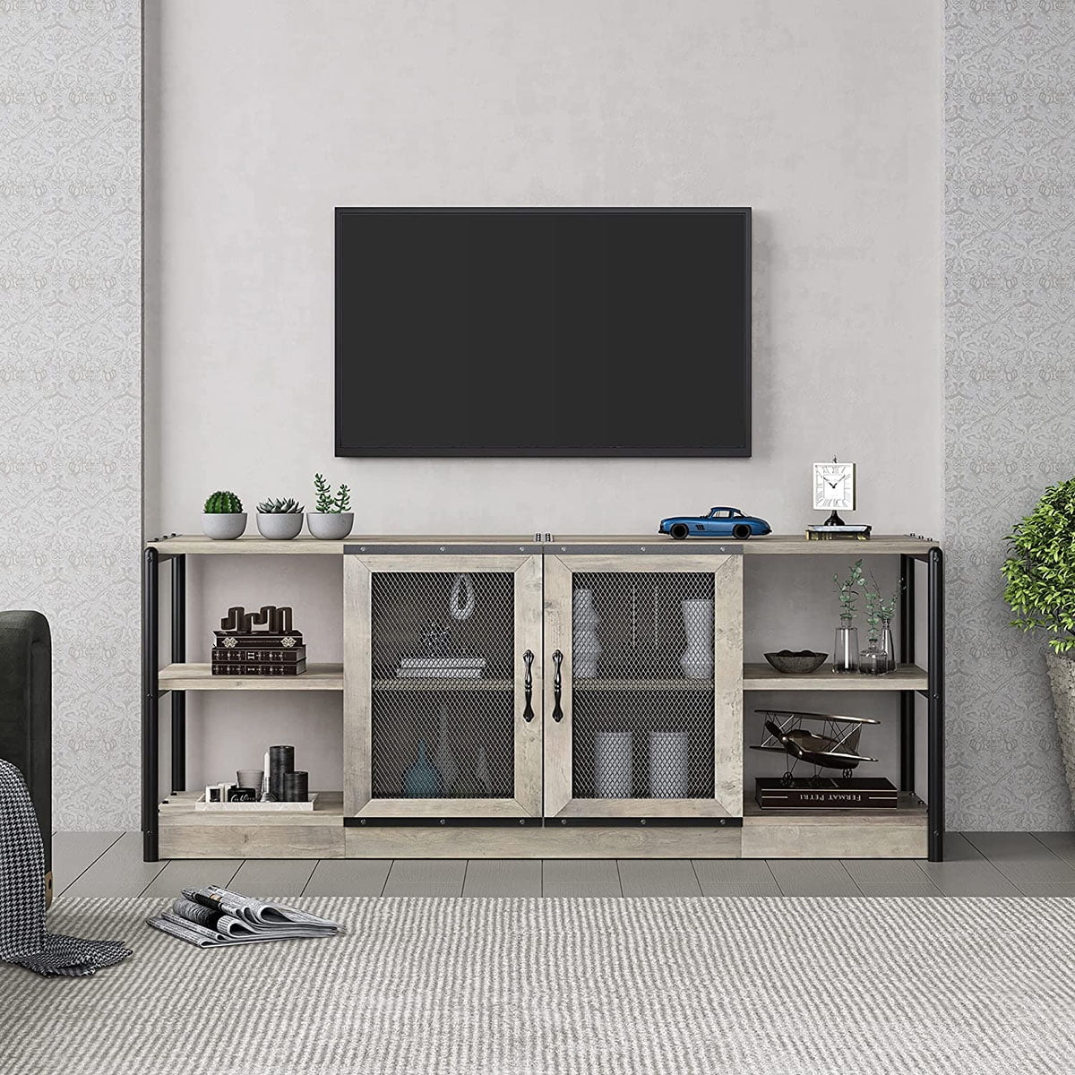 Yesfashion TV Stand Farmhouse Entertainment Center with Double Mesh ...