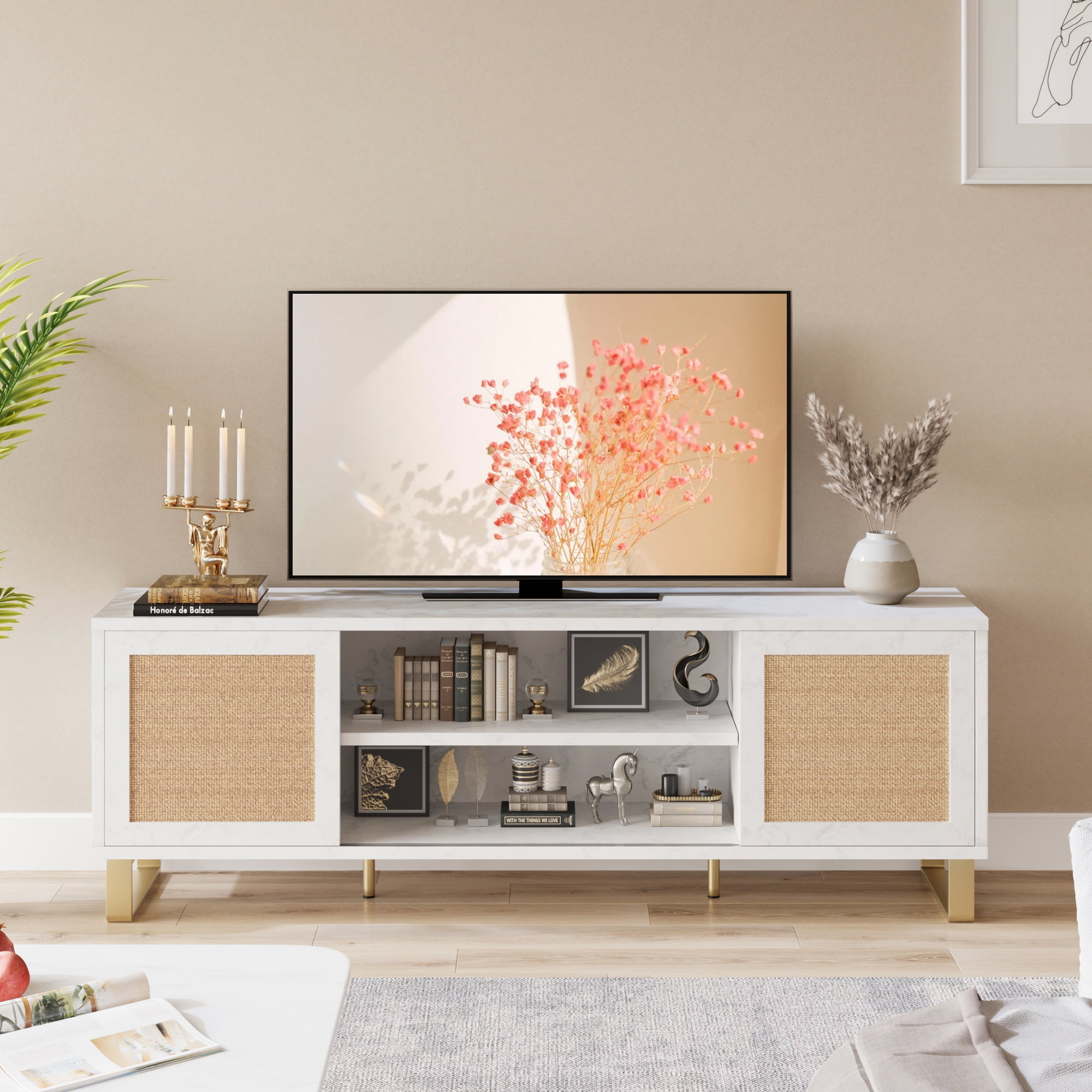 Yesfashion TV Stand for 65 inch TV, White Entertainment Center Modern ...