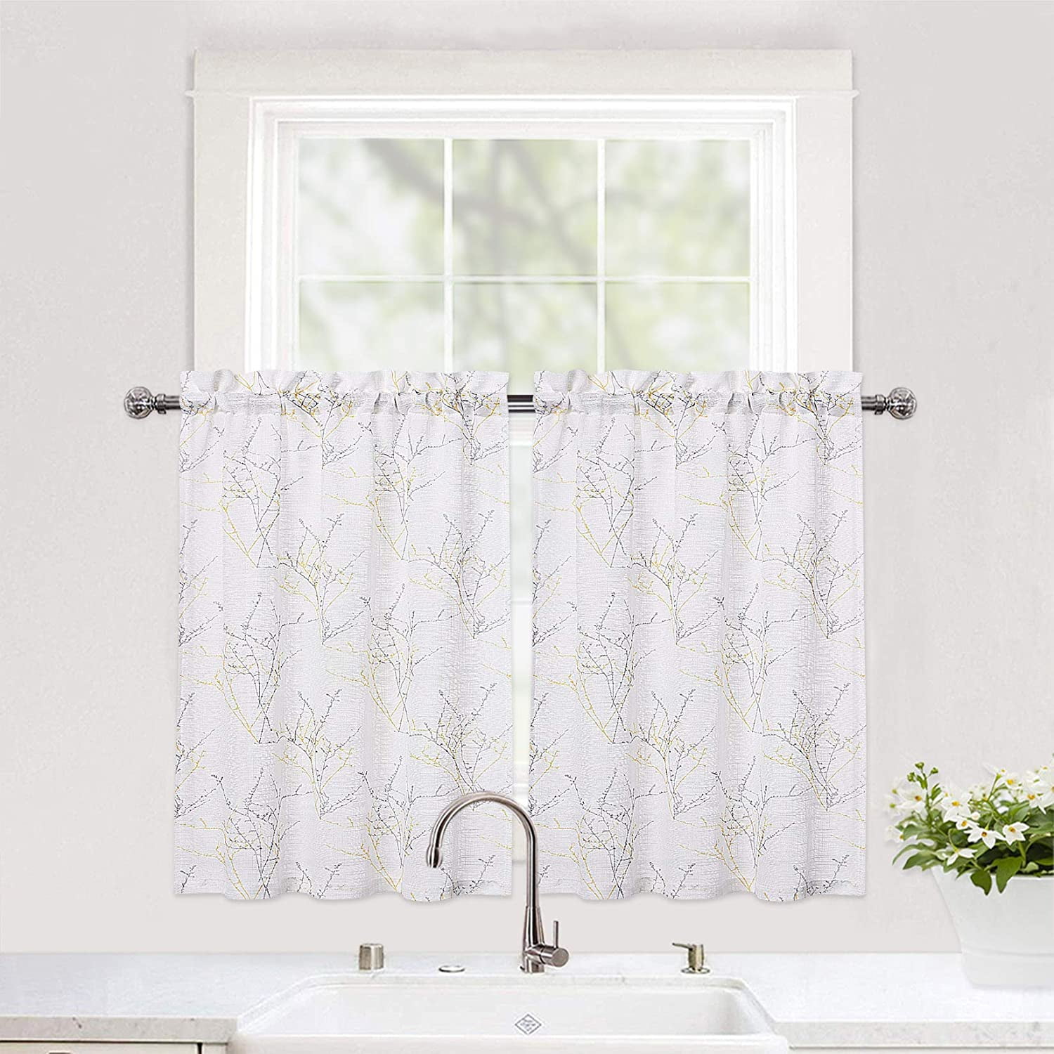 Yesfashion Tier Curtains for Kitchen Window, Nature Design Tree Branch ...