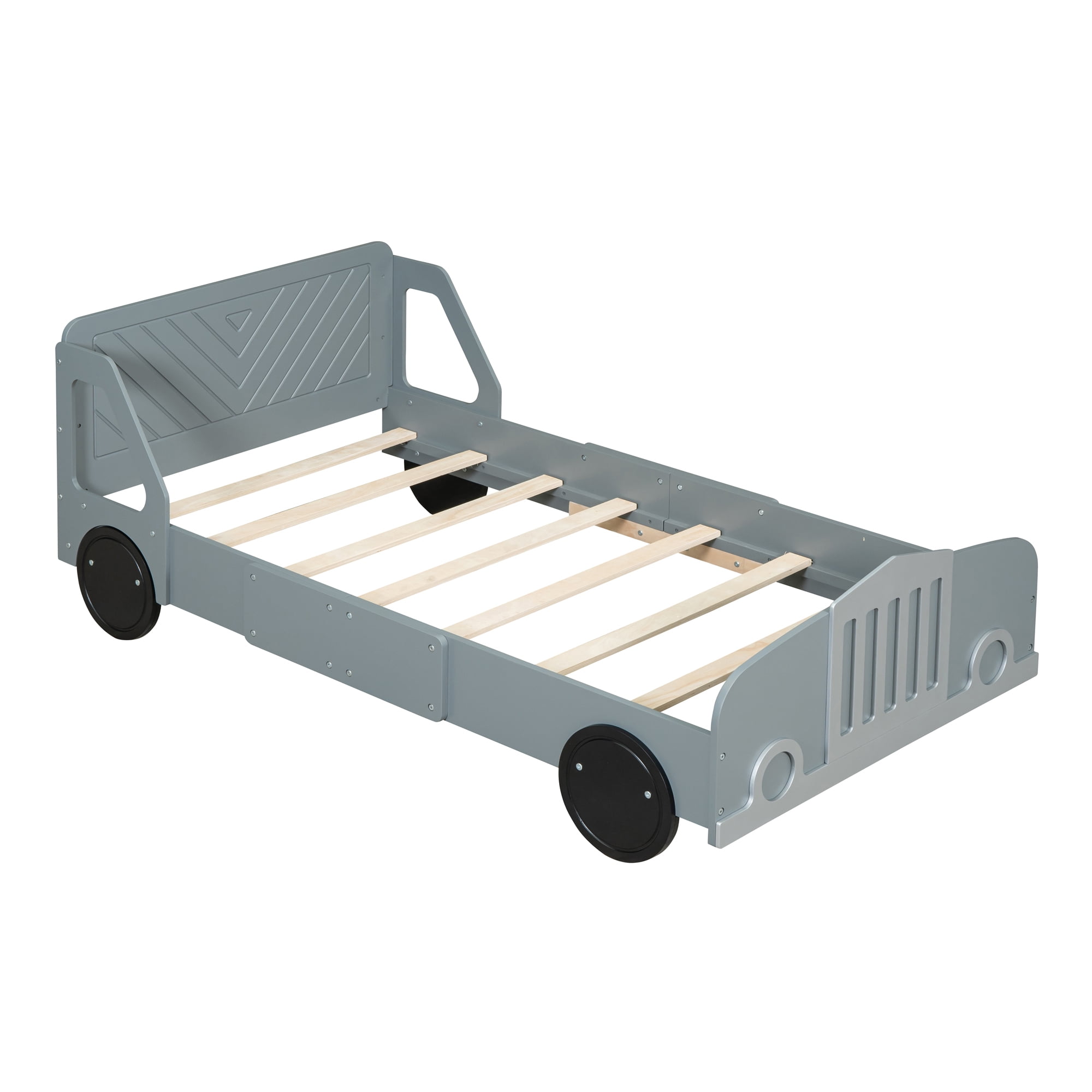Yesfashion Twin Size Race Car Bed With Wheels, Wooden Car-Shaped ...