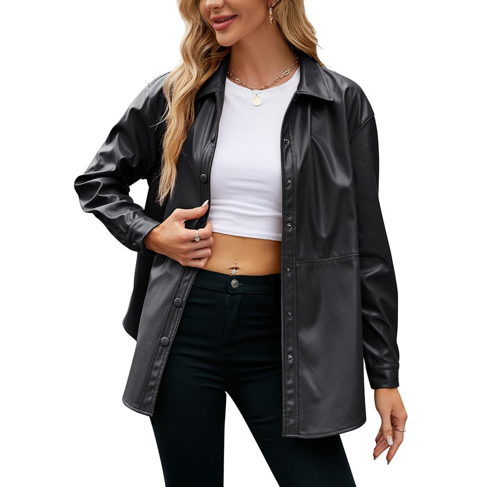 Yesfashion Women's Pu Leather Jacket Shacket Button Down Lapel Blazer ...