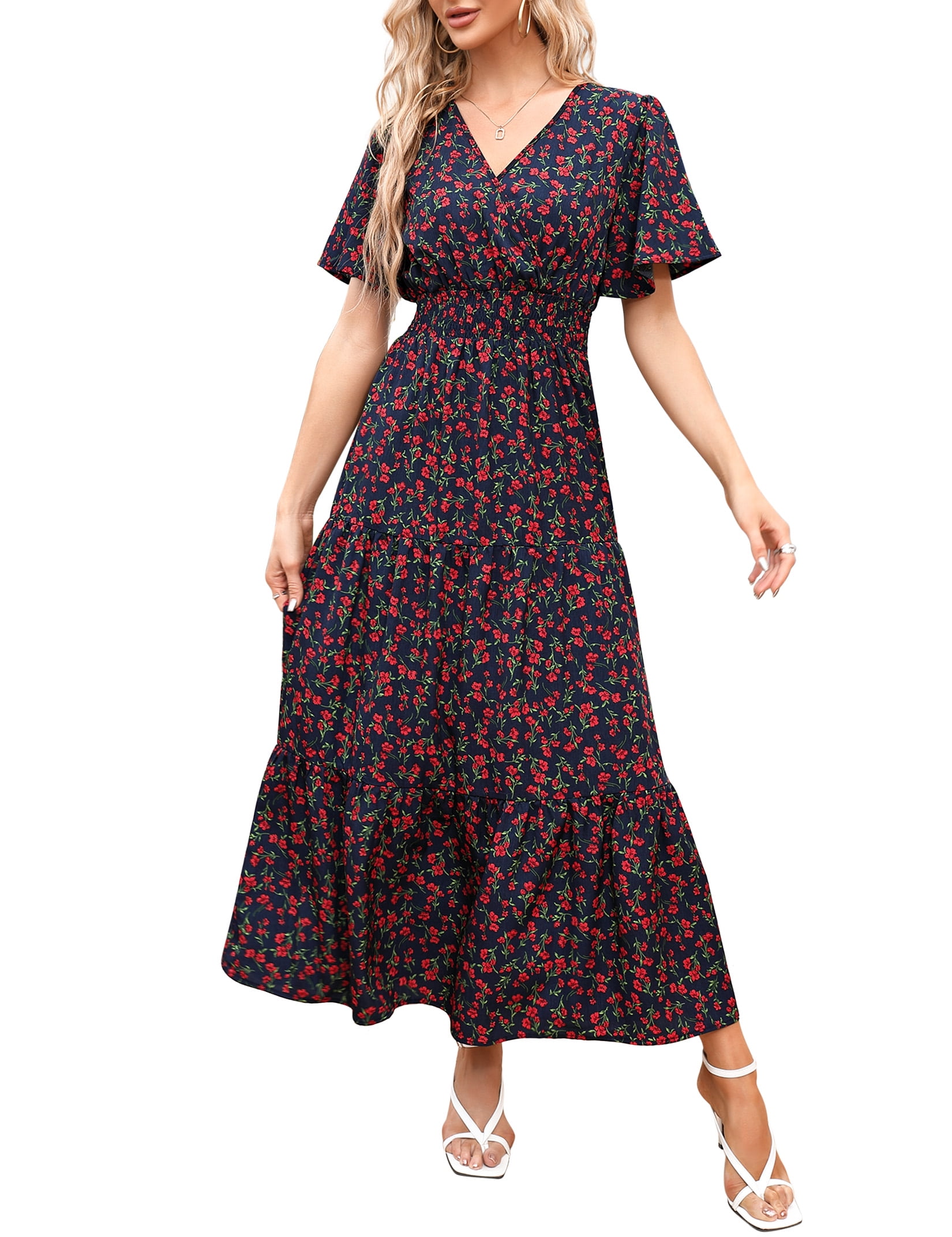 Yesfashion Women's Summer Dresses V-Neck Flutter Sleeve Flowy Short ...