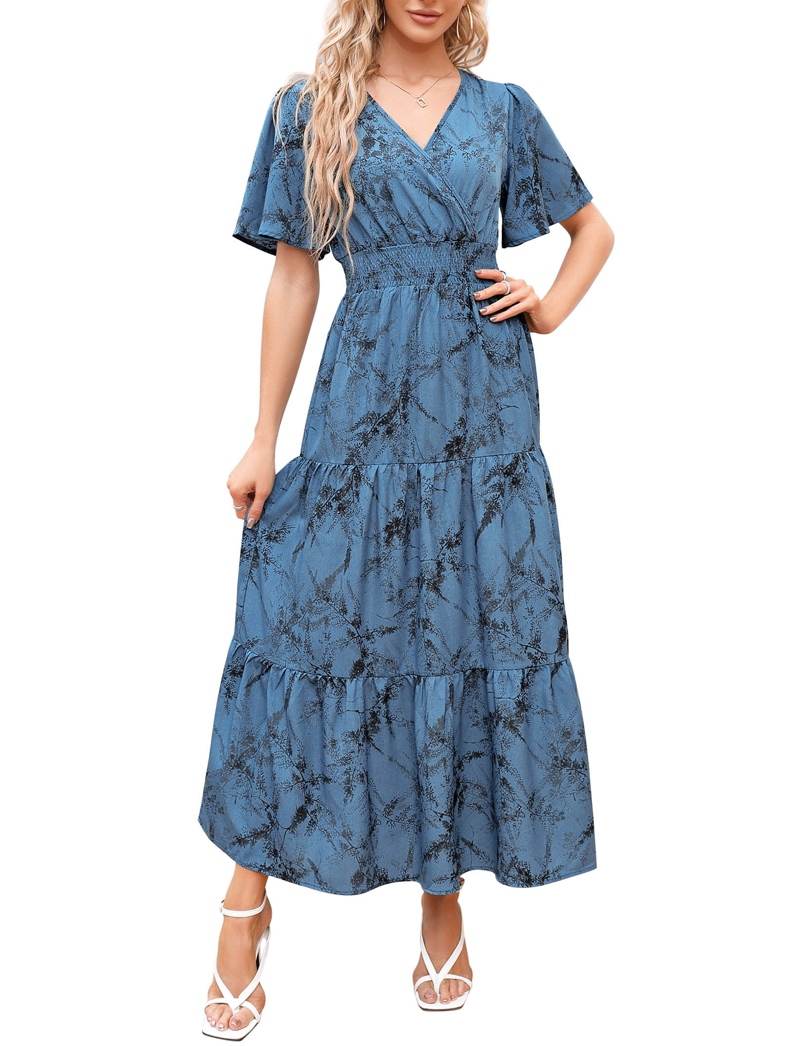 Yesfashion Women's Summer Dresses V-Neck Flutter Sleeve Flowy Short ...
