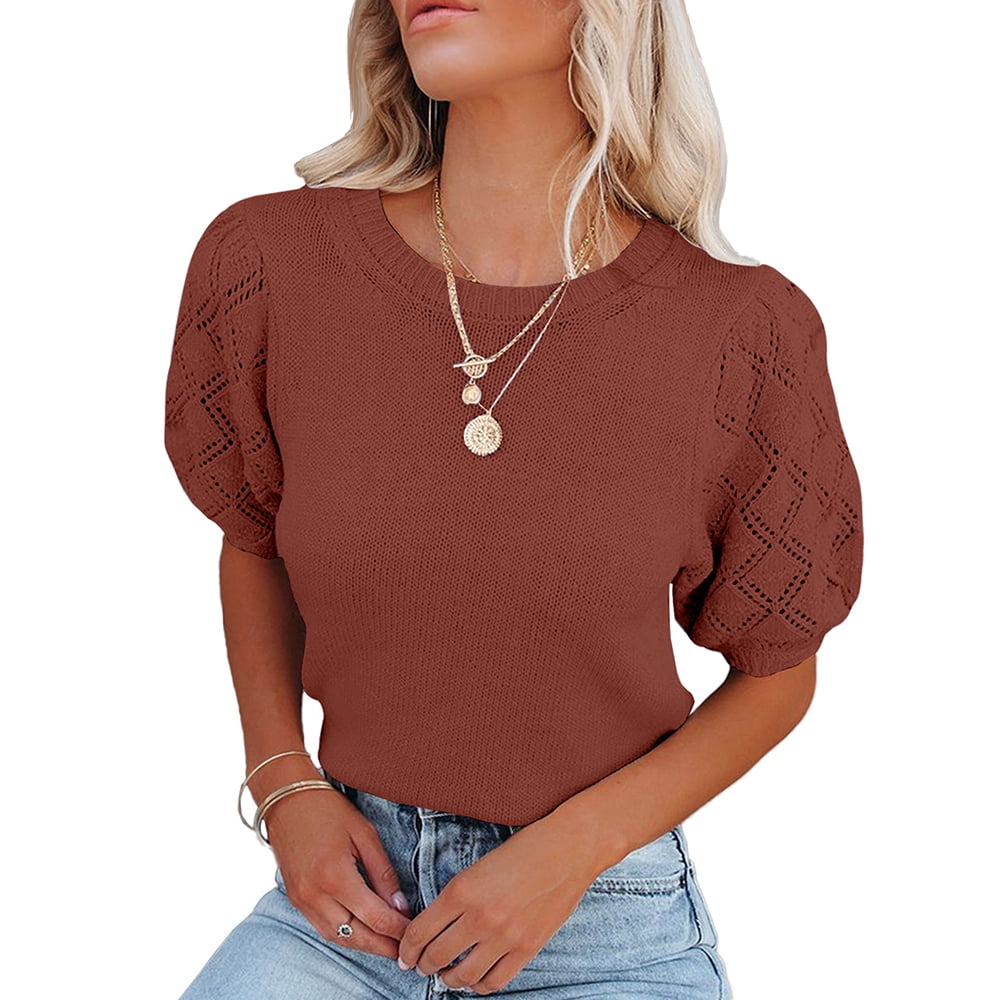 Yesfashion Womens Short Sleeve Sweaters Crewneck Knit Pullover Tops ...
