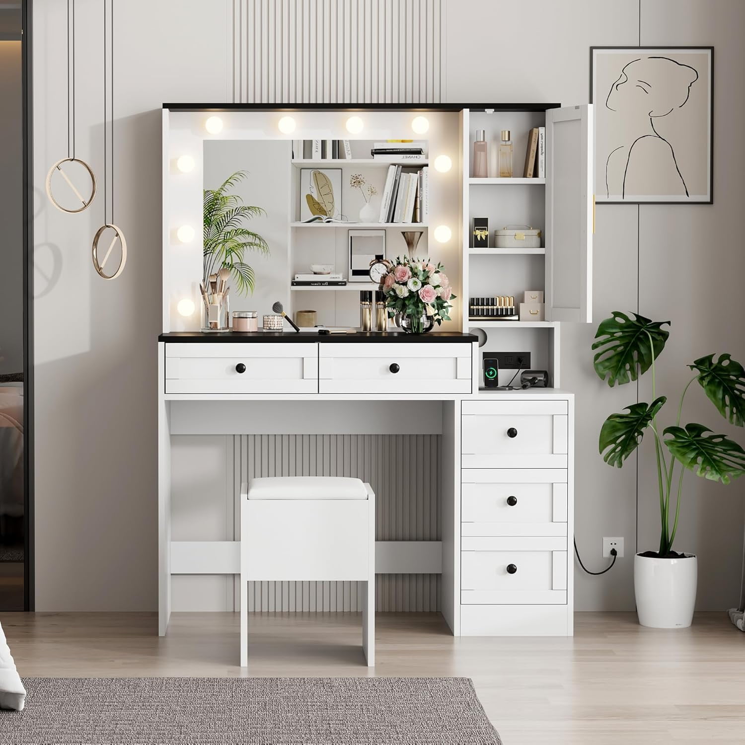 Yeshouse 1 Piece Adult Vanity Table Set with Lighted Mirror, Charging ...