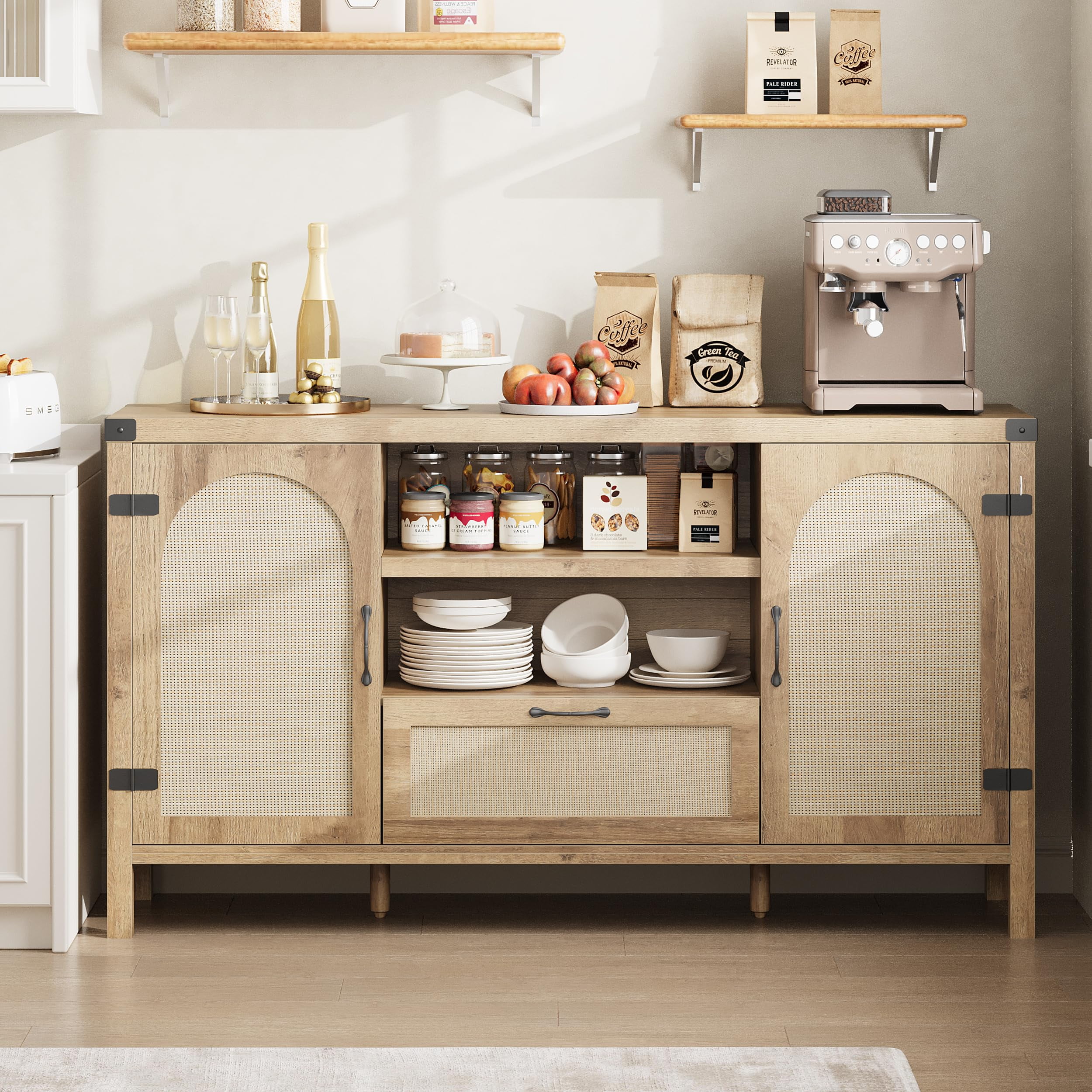 Yeshouse 47" Large Rattan Kitchen Cabinet with Drawers and Doors: Boho ...