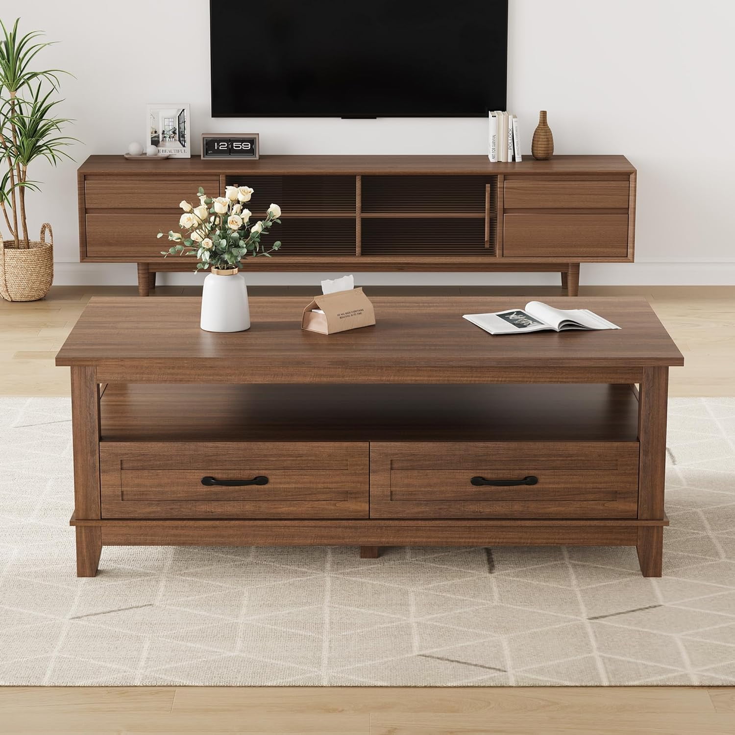 Yeshouse 48 Inch Coffee Table with 2 Drawer and Storage Shelf, Brown ...