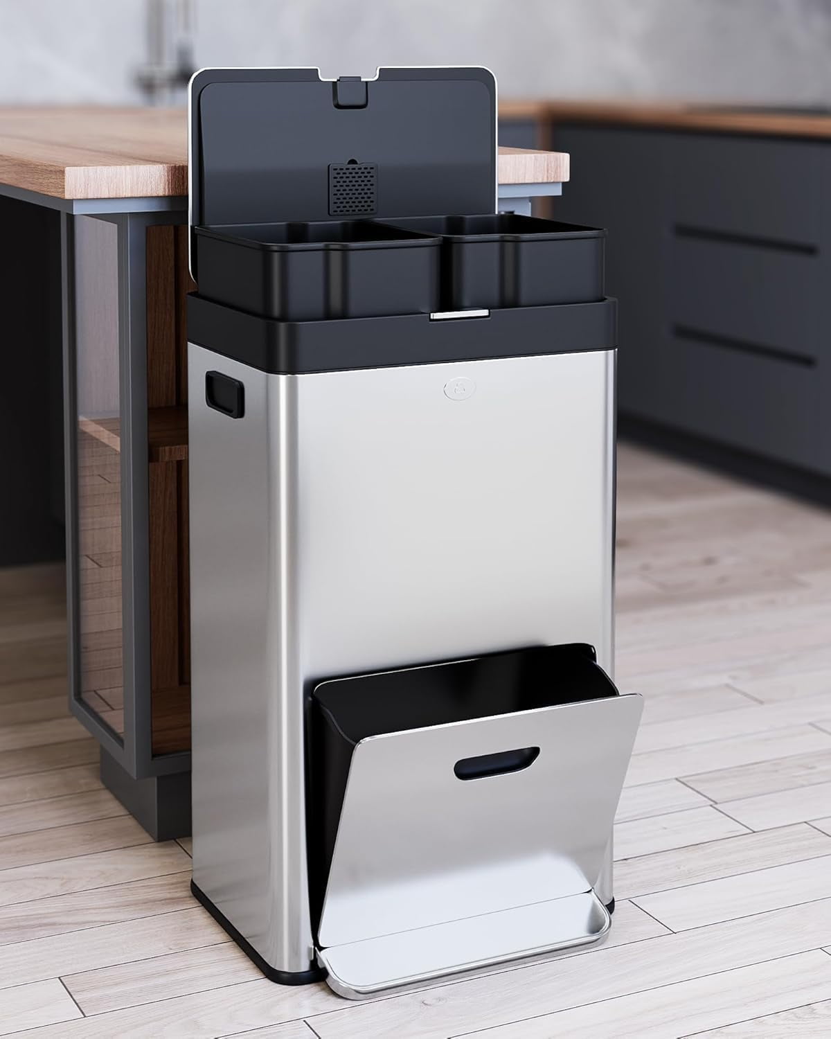 Yeshouse 56L Kitchen Trash Can, 3-Compartment Pedal Recycling Bin with ...