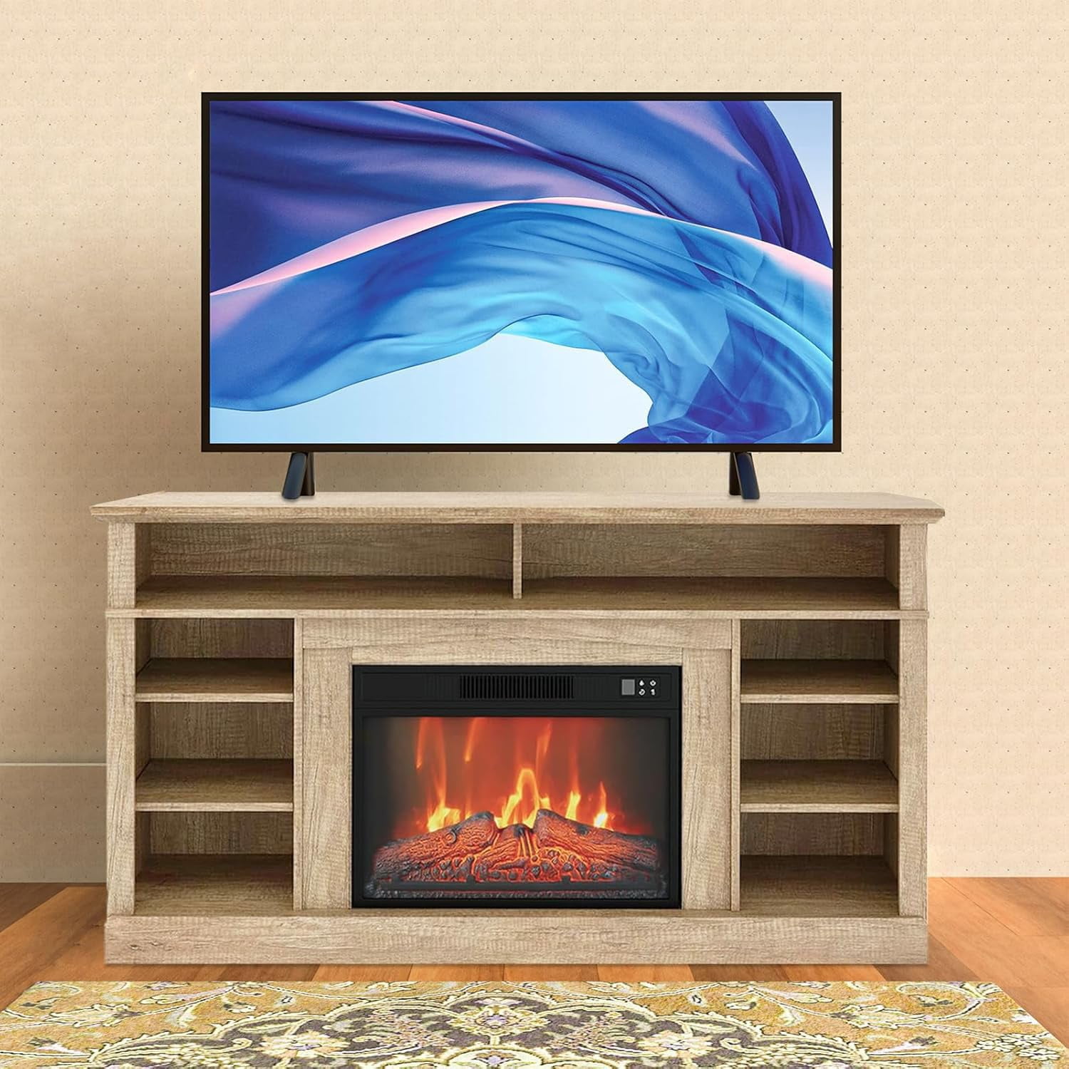Yeshouse 58" Electric Fireplace TV Stand - Realistic Flame TV Console with Storage Shelves for ...