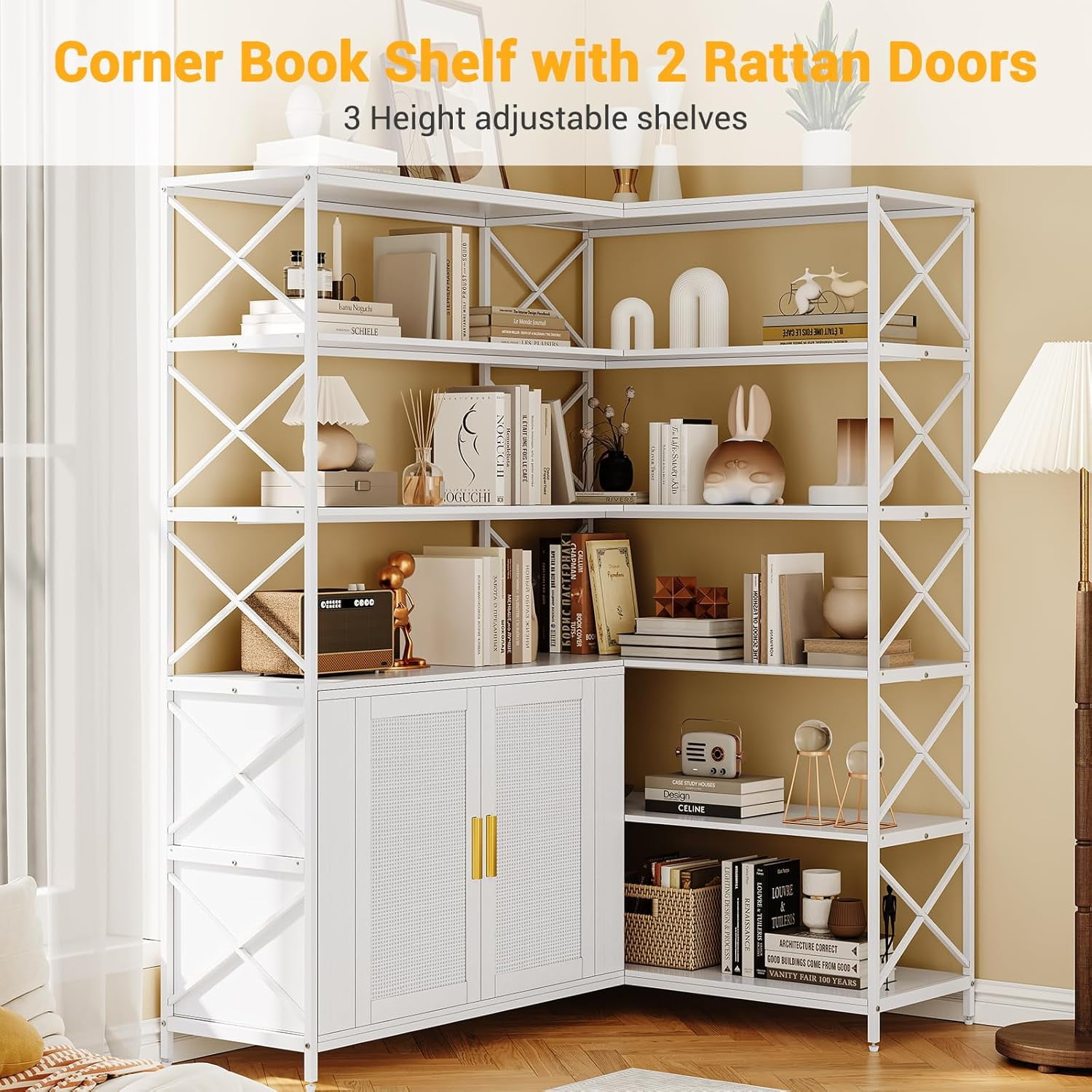 Yeshouse 6-Tier Corner Bookshelf, Farmhouse L-Shaped Bookcase with Storage, Modern Industrial ...