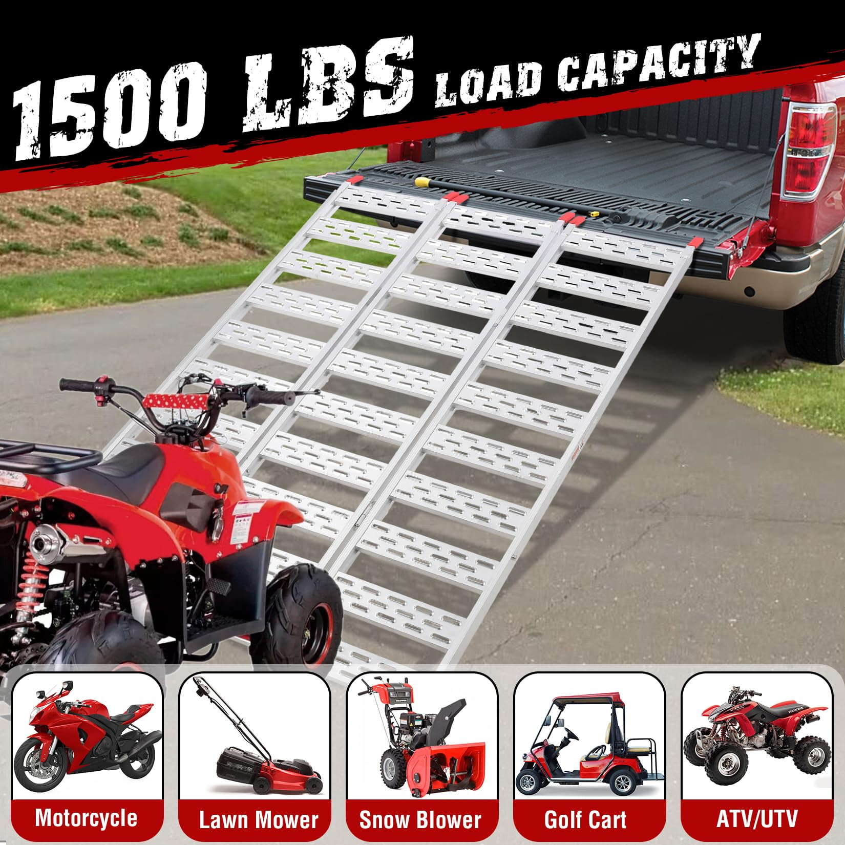 Yeshouse Aluminum Tri-Fold Ramp with Treads, 1500Lbs ATV Ramp with Load ...