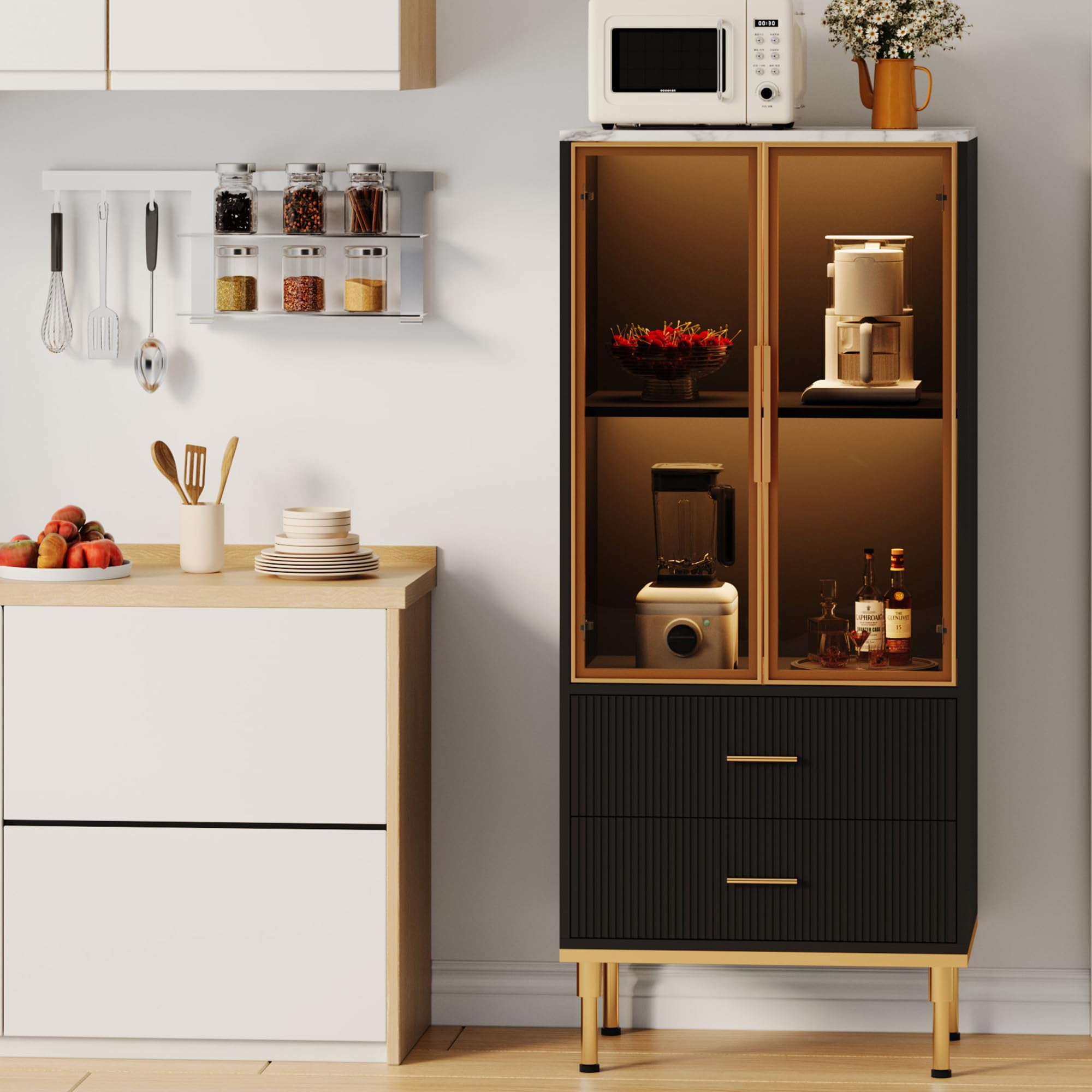 Yeshouse Elegant White Storage Cabinet with Fluted Panels, Tea-Colored ...