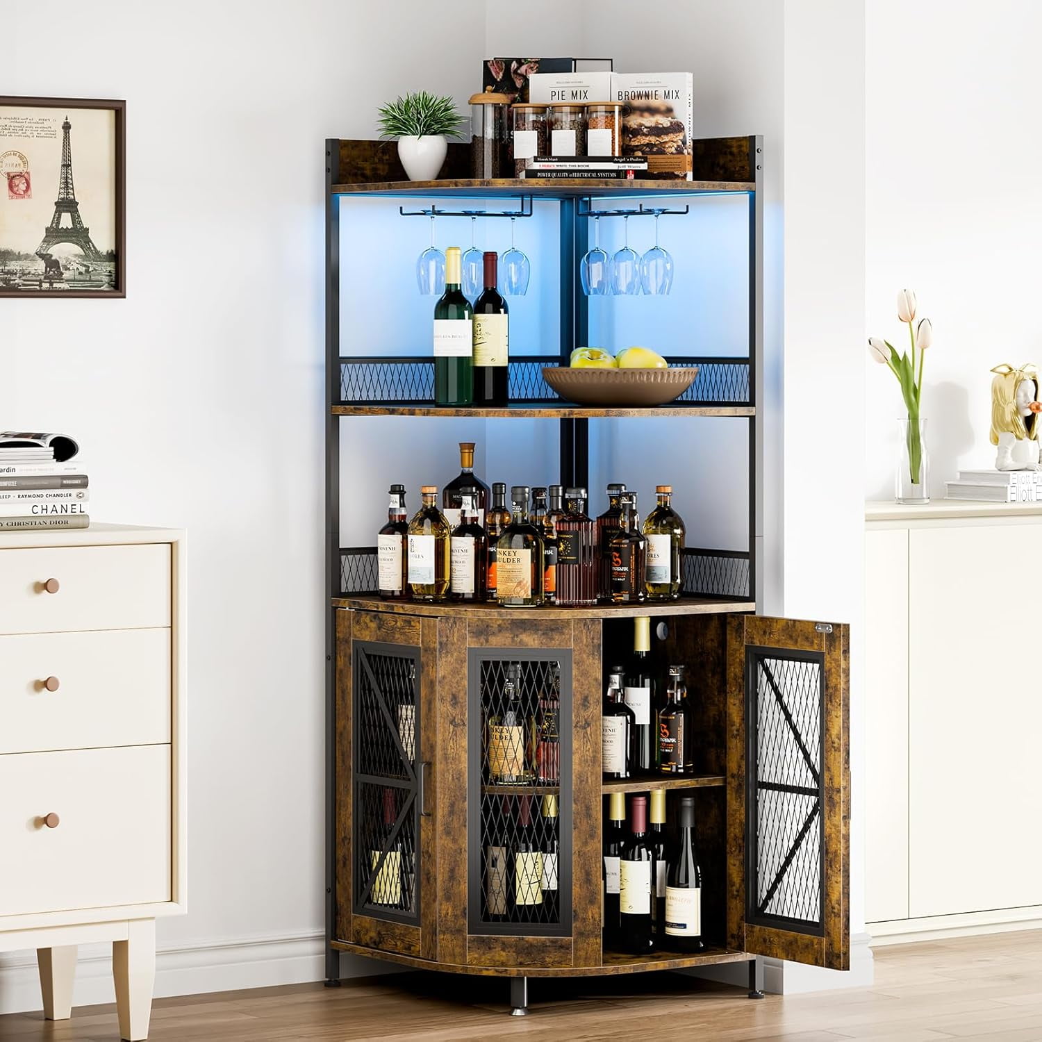 Yeshouse Industrial Corner Bar Cabinet with Power Outlet, LED, and Wine ...