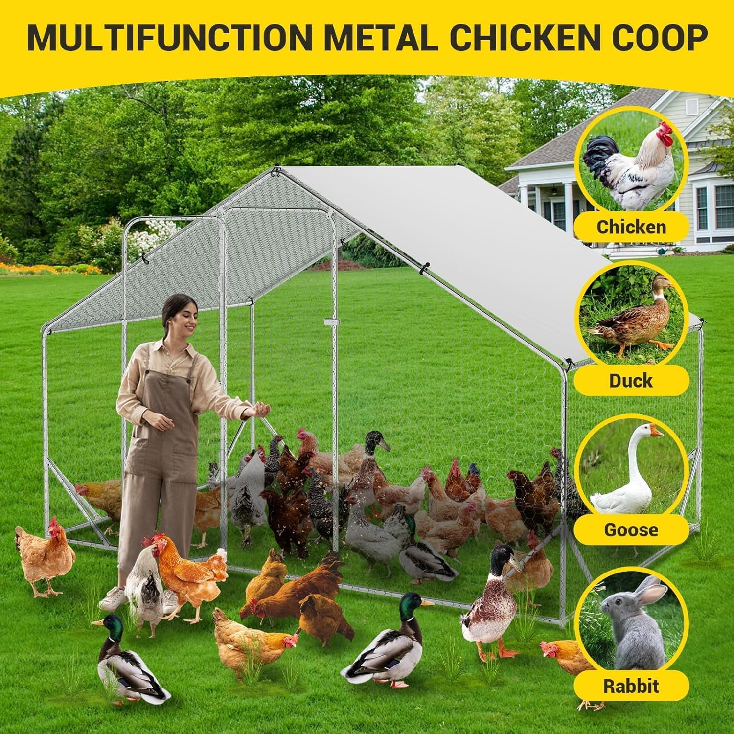 Yeshouse Large Metal Chicken Coop with Run Walk in Poultry Cage Chicken ...