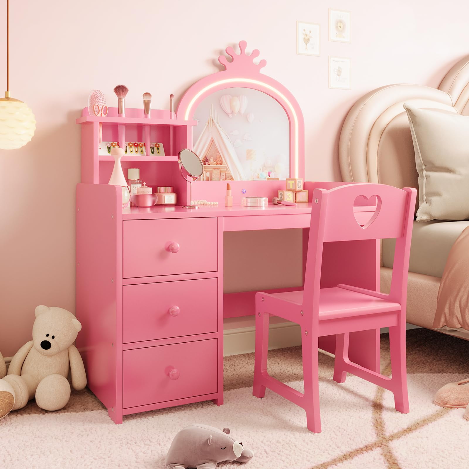 Yeshouse Princess Girls Makeup Vanity Table Set with Storage & Lights ...