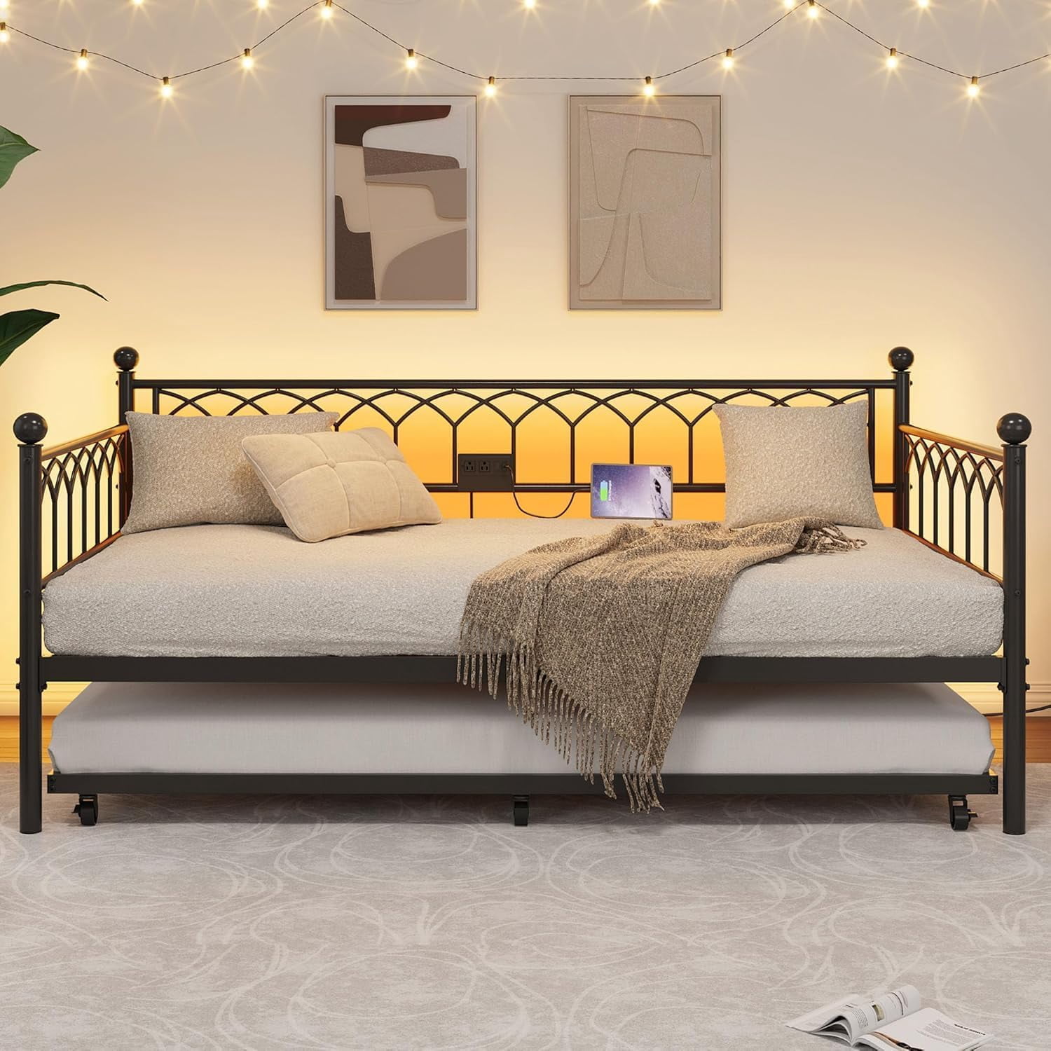 Yeshouse Twin Size Daybed with Pop-Up Trundle & LED Lights, Pull Out ...