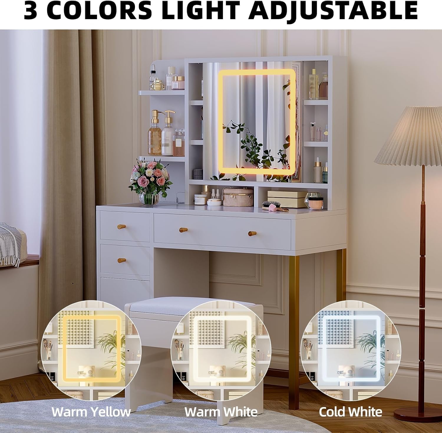 Yeshouse Vanity Desk Makeup Table with Mirror, LED Lights & Charging ...