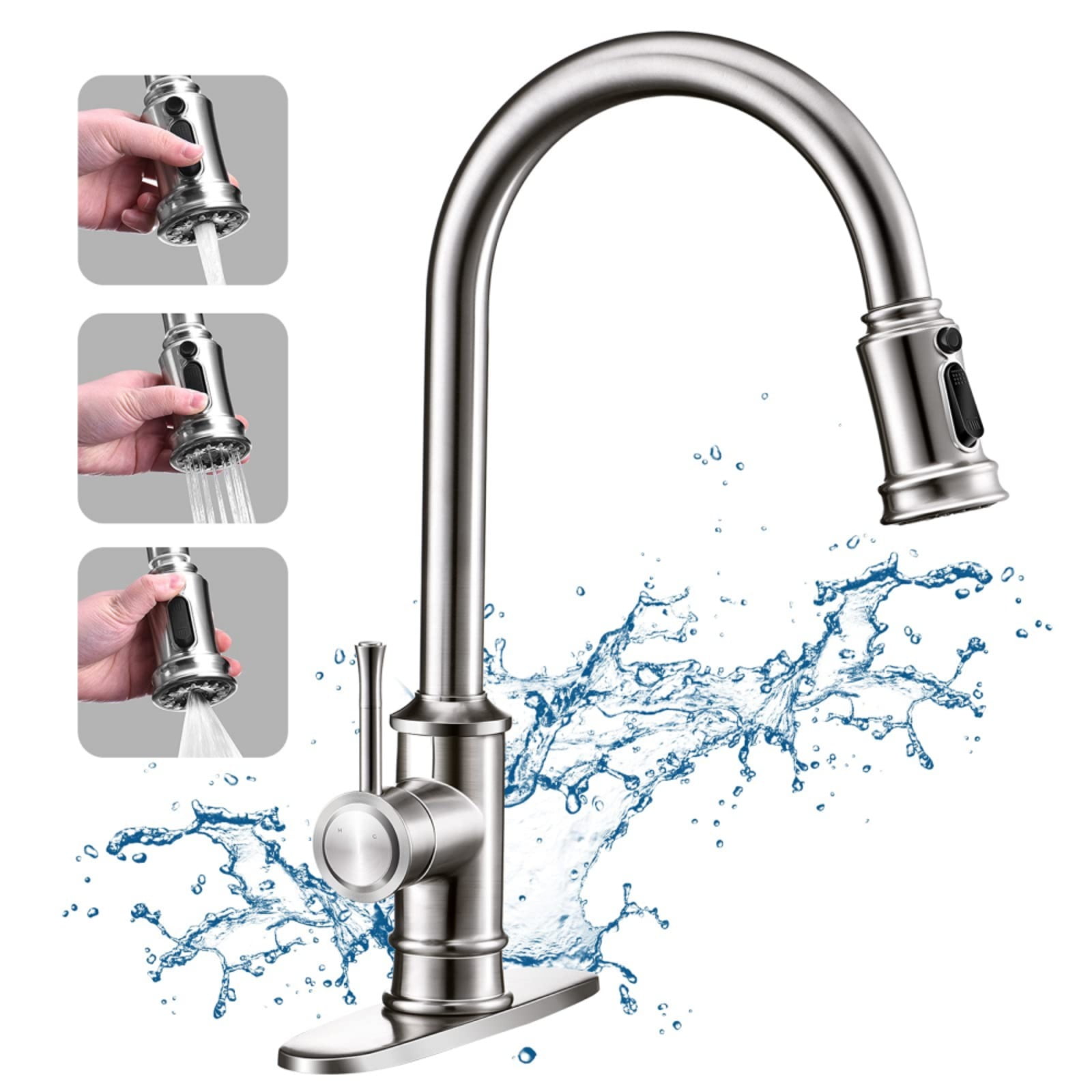 Yessy Stainless Steel Faucet, Matt Kitchen Faucet with Pull-down Spray and Automatic Intelligent ...
