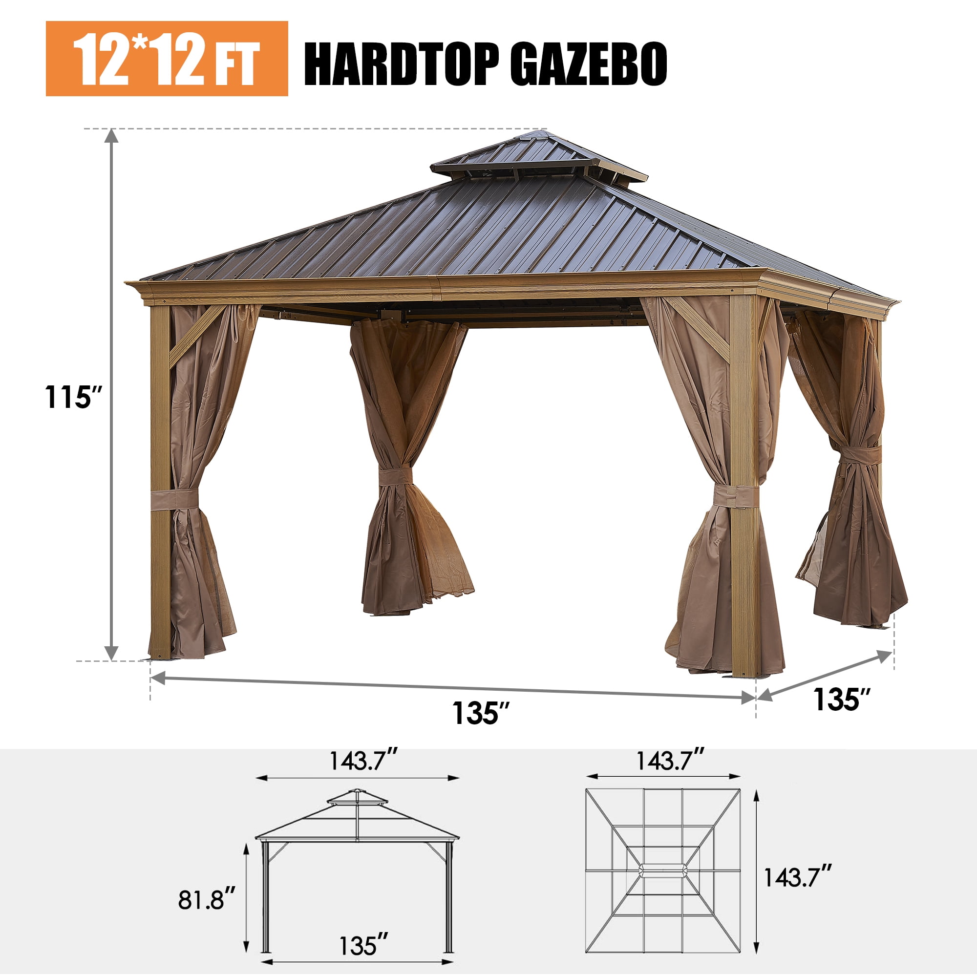 Yesurprise 12x12 Ft Hardtop Gazebo, with Netting Curtains, Outdoor ...