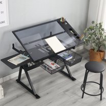 Drafting Table With Chair & 0 - 75° Adjustable Tempered Glass Top Black ...
